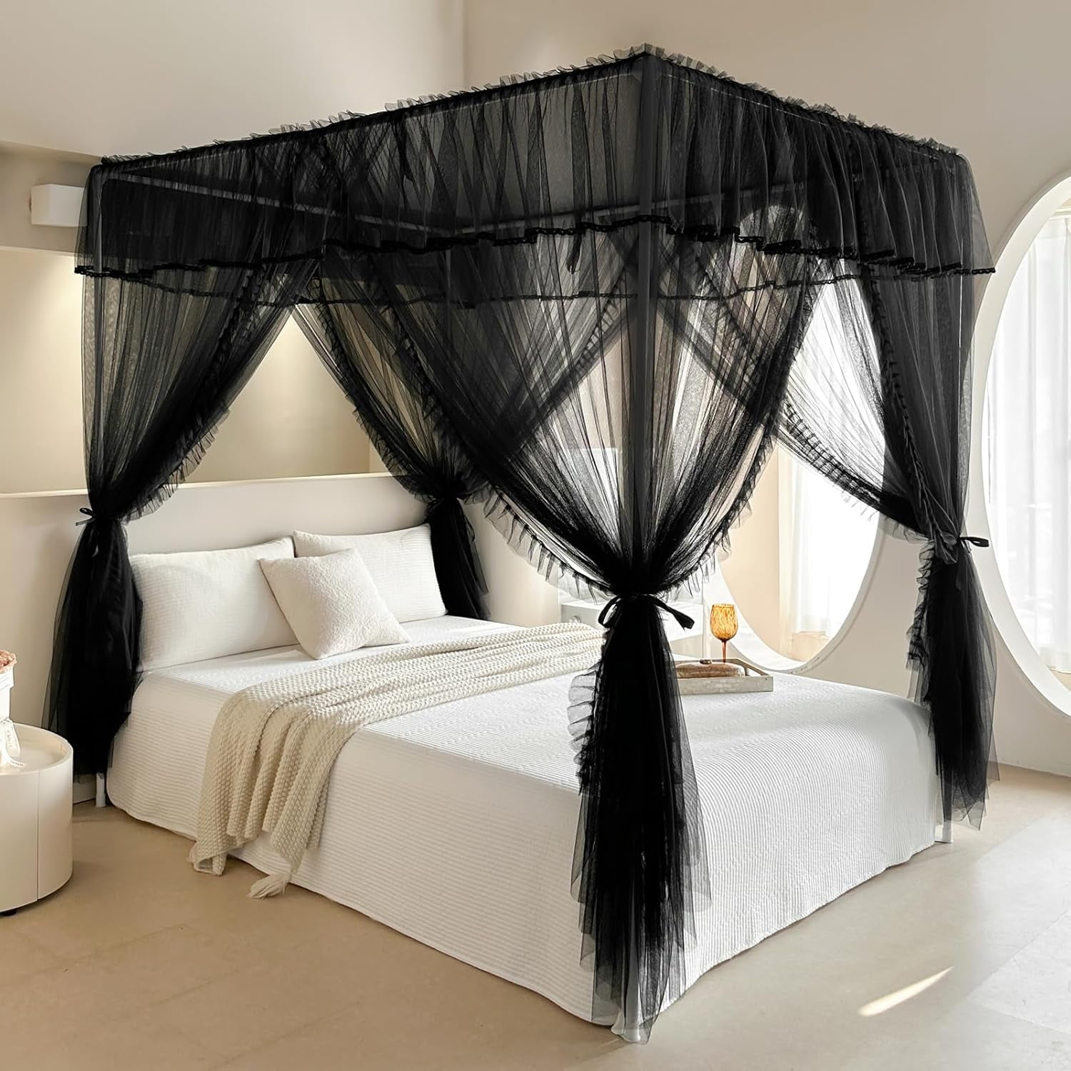4 Corners Post Ruffle Princess Bed Canopy Curtain - Double Layer Cozy ...