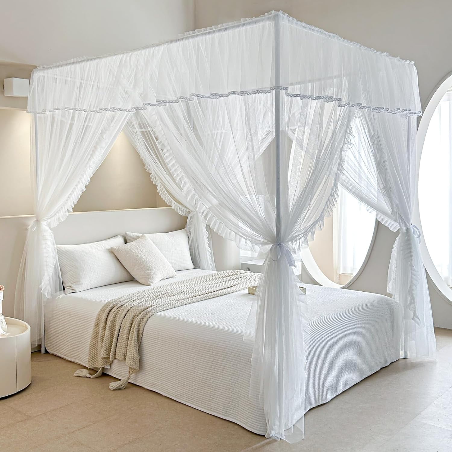 4 Corners Post Ruffle Princess Bed Canopy Curtain - Double Layer Cozy ...