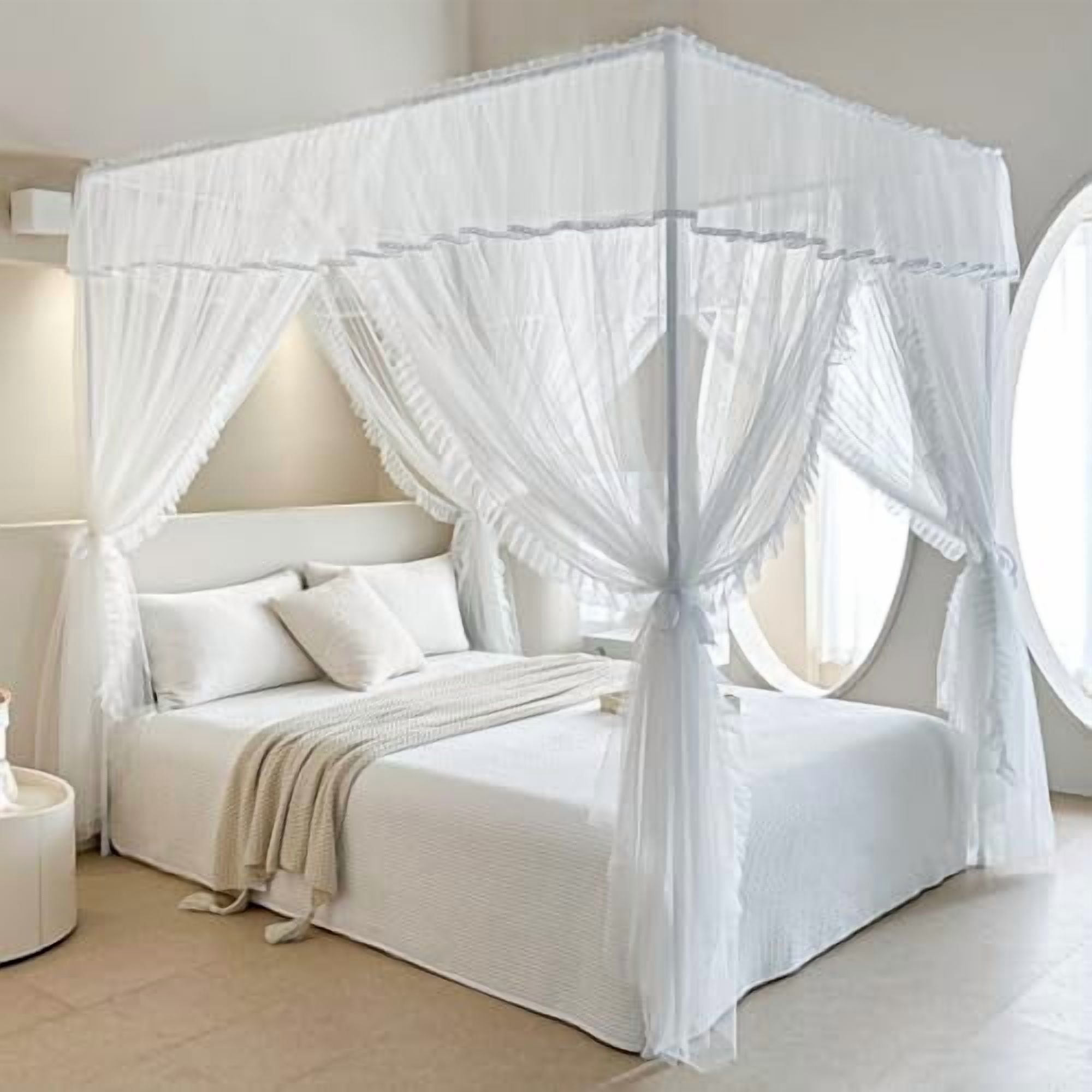 4 Corners Post Ruffle Princess Bed Canopy Curtain - Double Layer Cozy ...