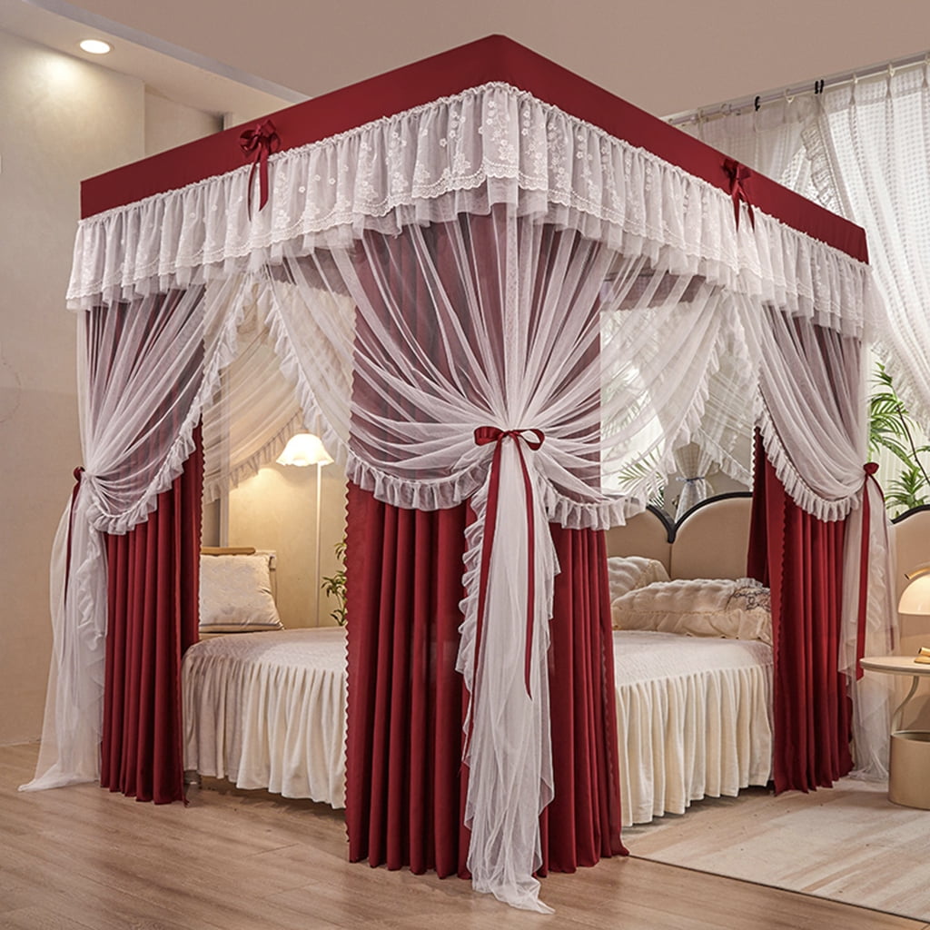 4 Corners Post Solid Color Bed Canopy Curtain Double Layer-Curtain ...