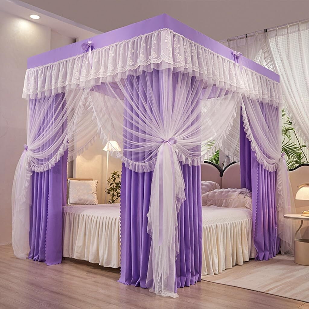 4 Corners Post Solid Color Bed Canopy Curtain Double Layer-Curtain ...
