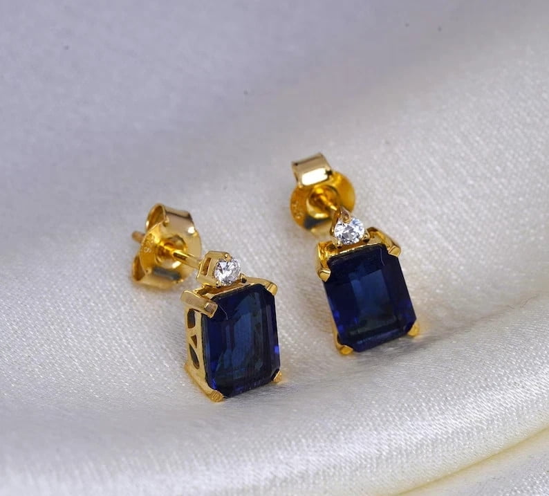 4Ct Emerald Cut Lab Created Blue Sapphire Women's Stud Earrings 14K ...