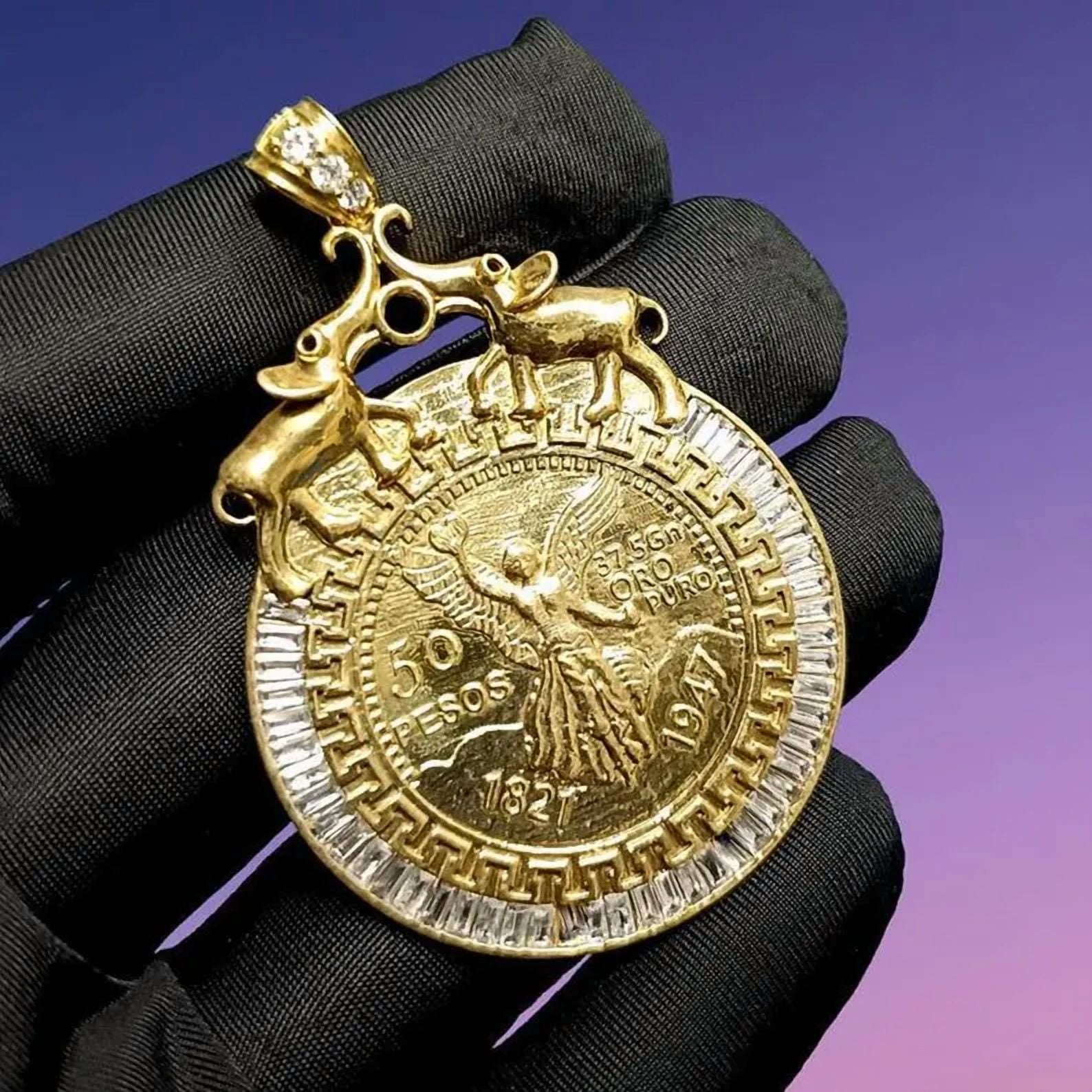 4 Ct Baguette Cut Simulated Diamond Elephant 50 Pesos Coin Pendant 14K ...