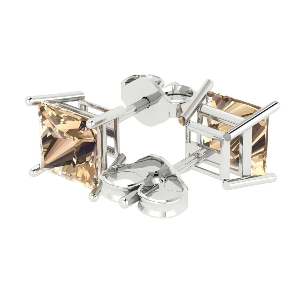 4 Ct Princess Cut Studs Yellow Moissanite 18K White Solid Solid Gold ...