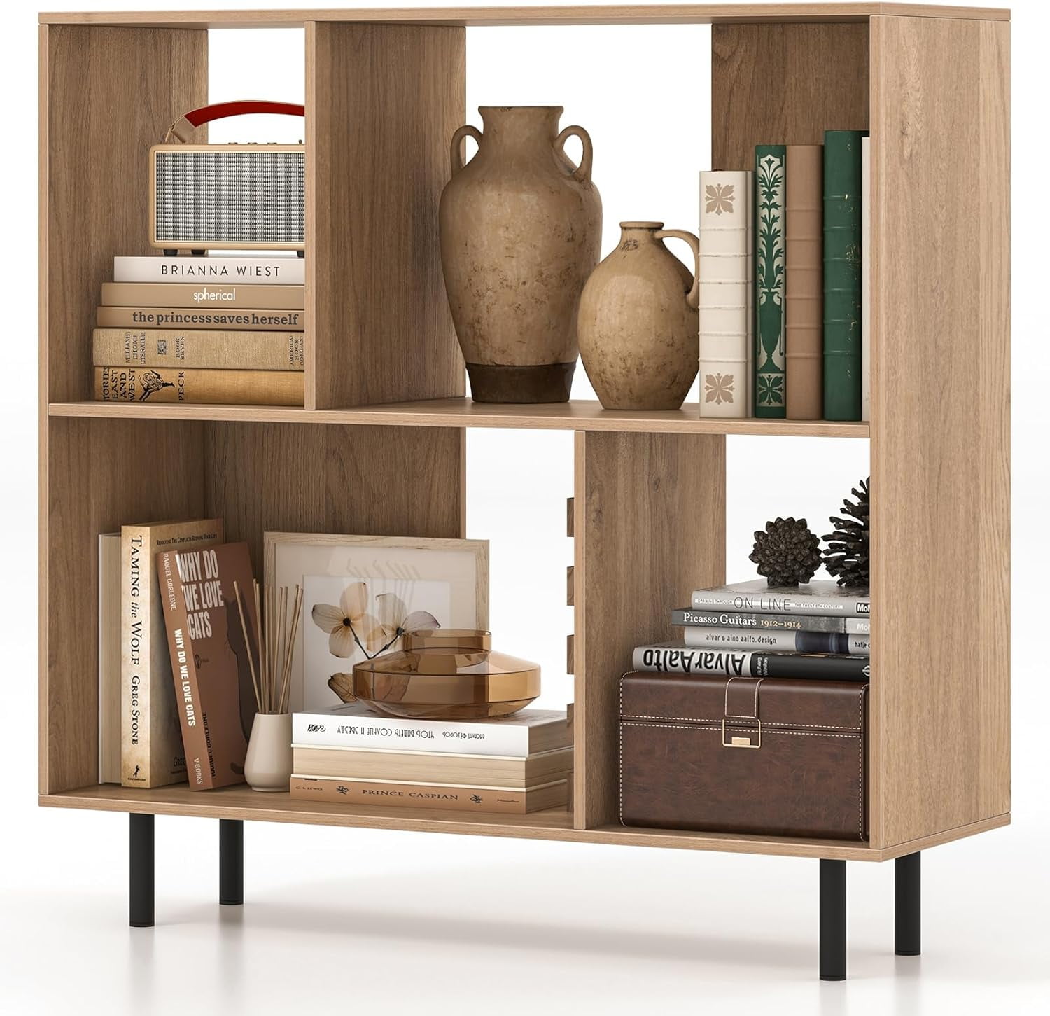 4 Cubby Open Bookcase, 3-Tier Freestanding Bookshelf with Detachable Metal Legs, Anti-toppling ...