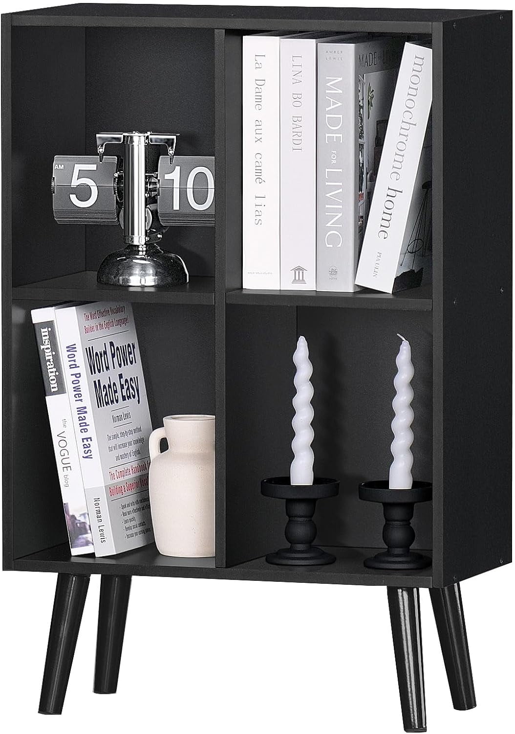 4 Cube Black Bookshelf, Small Black Narrow Book shelf, 3 Tier Modern ...