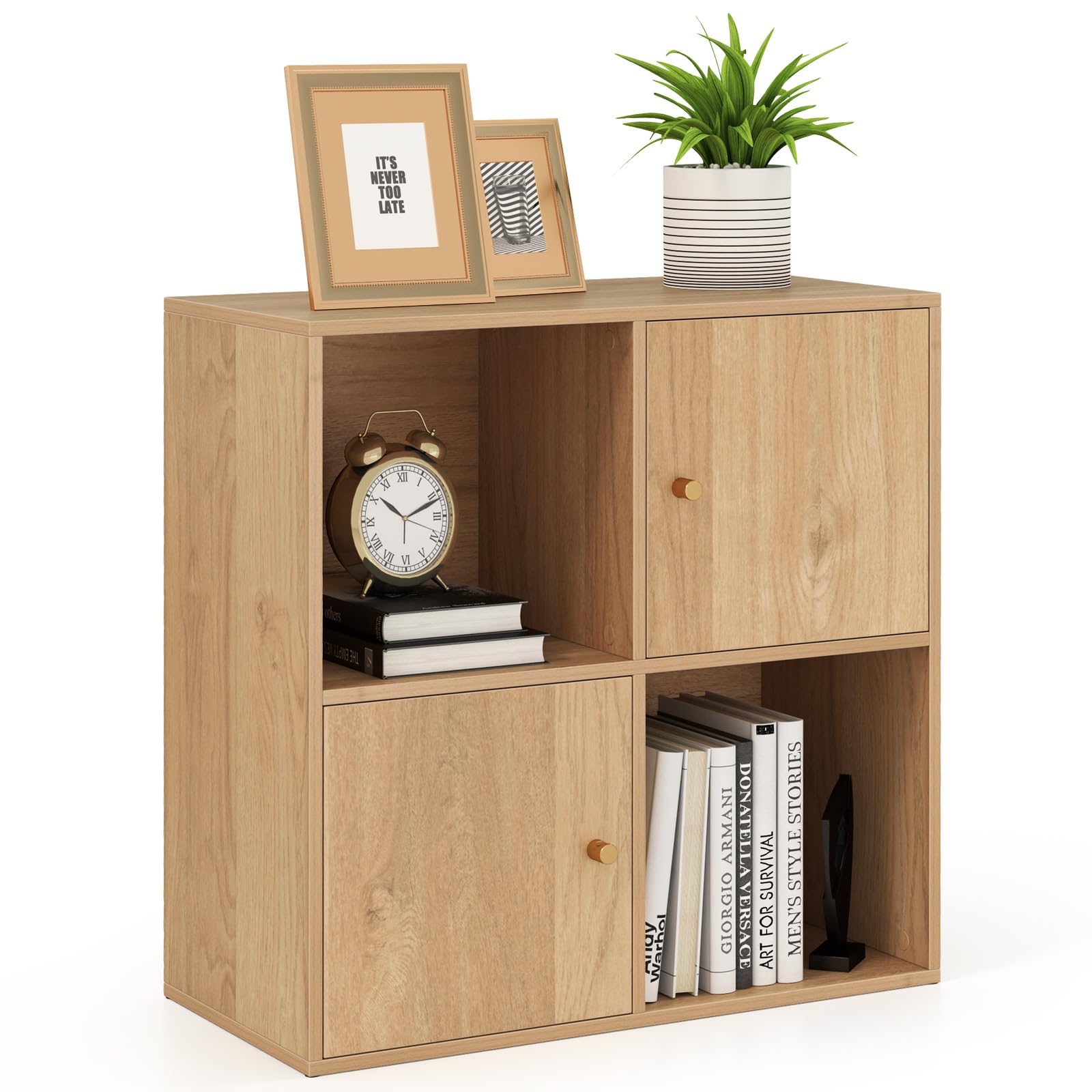 4 Cube Bookcase with Doors, 2-Tier Cubic Book Shelf with 2 Open ...
