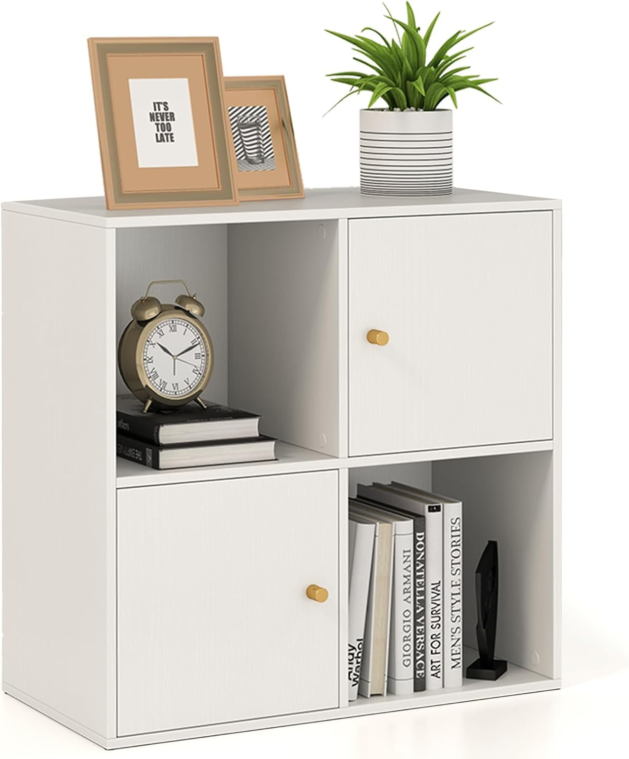 4 Cube Bookcase with Doors 2-Tier Cubic Book Shelf with 2 Open ...