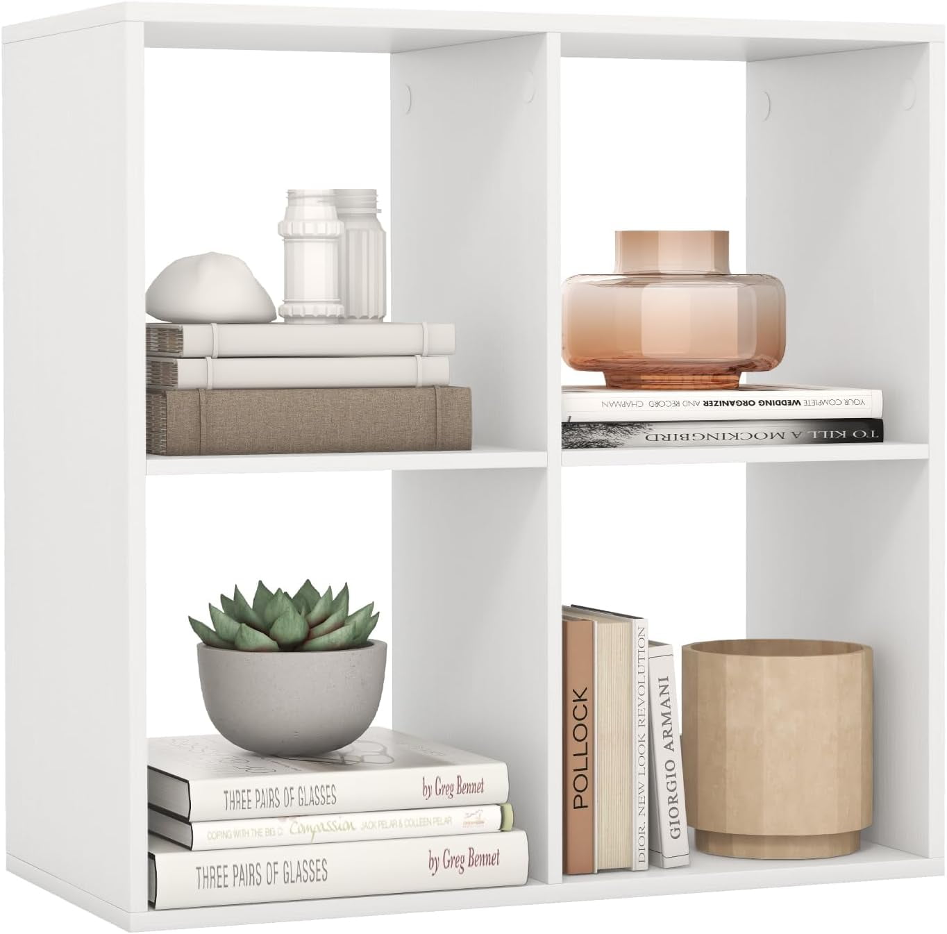 4-Cube Bookcase, White Cubby Bookshelf w/Back Guardrail & Anti-Tipping ...