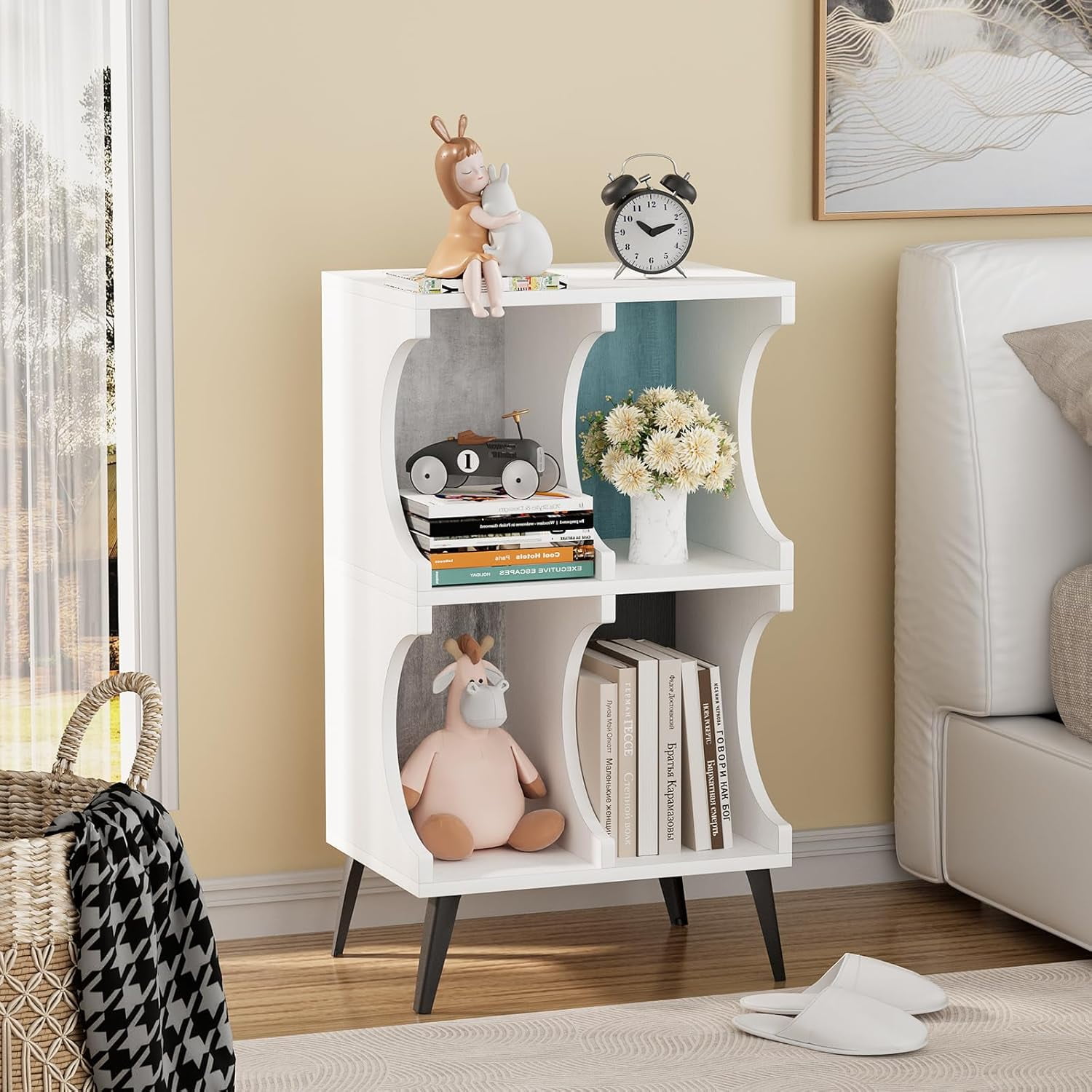 4 Cube Bookcase,White Open Cube Small Bookshelf Circle Arc Storage ...