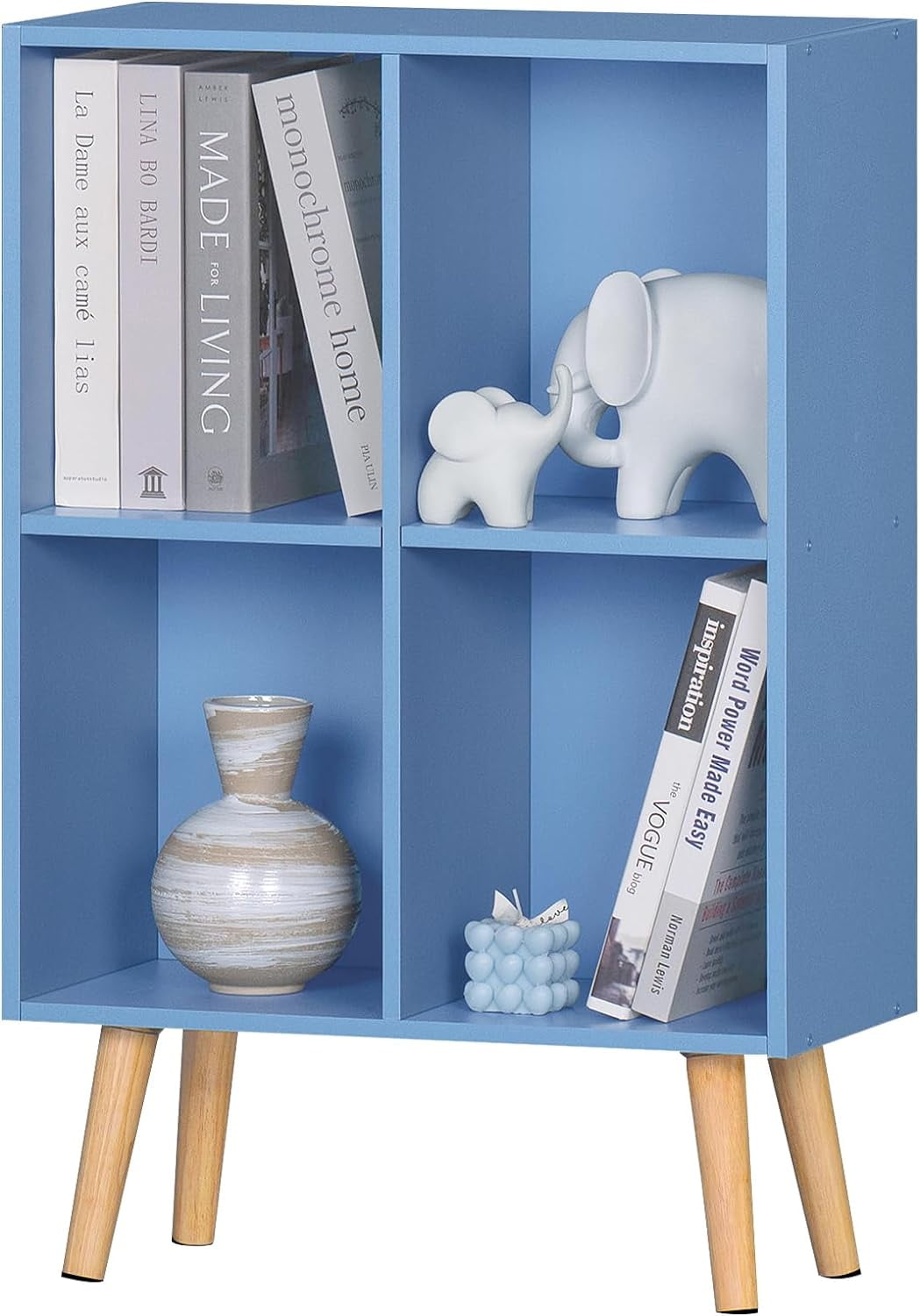 4 Cube Bookshelf, Blue Small Kids Book Shelf with Cubby Storage,Wooden ...