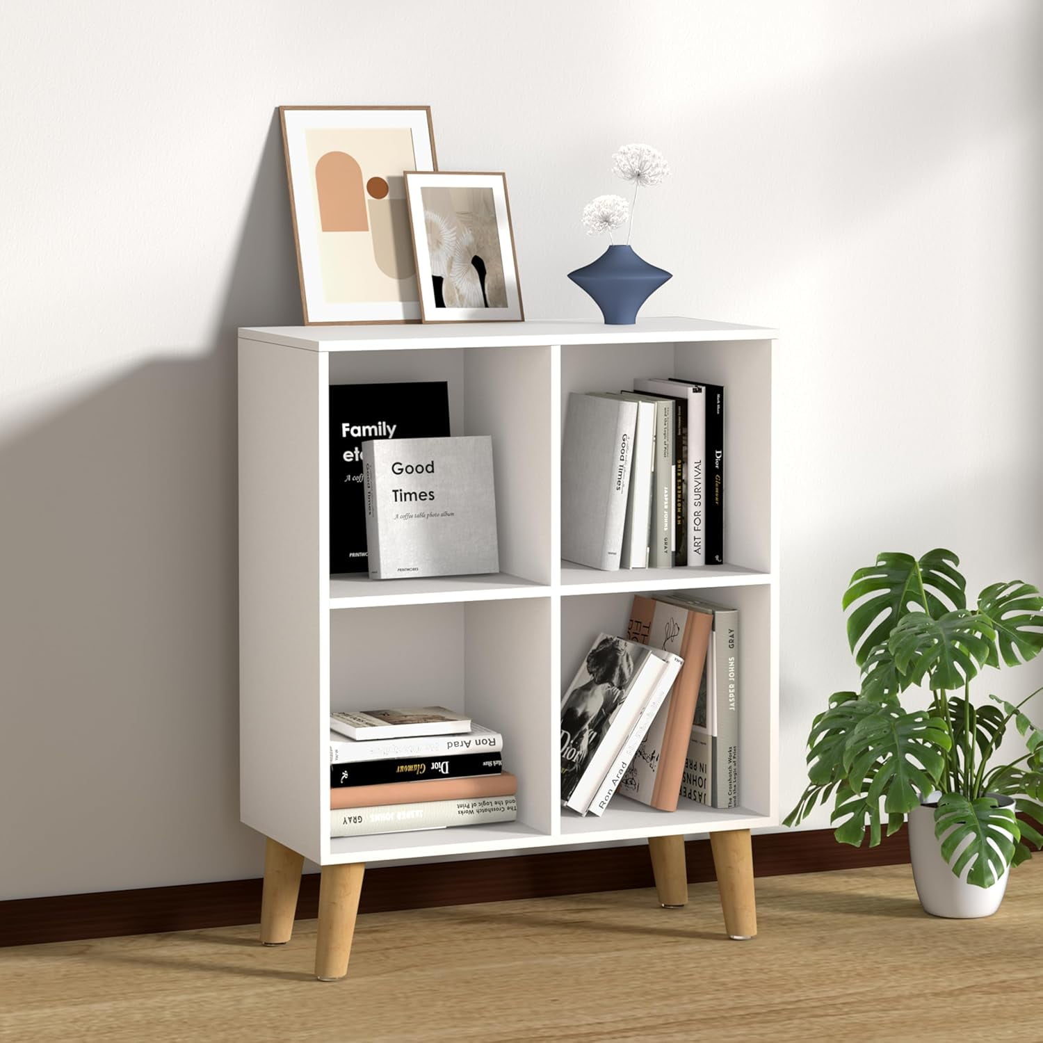 4 Cube Storage Organizer with Legs, 2 Tier Cube Low Bookcase ...