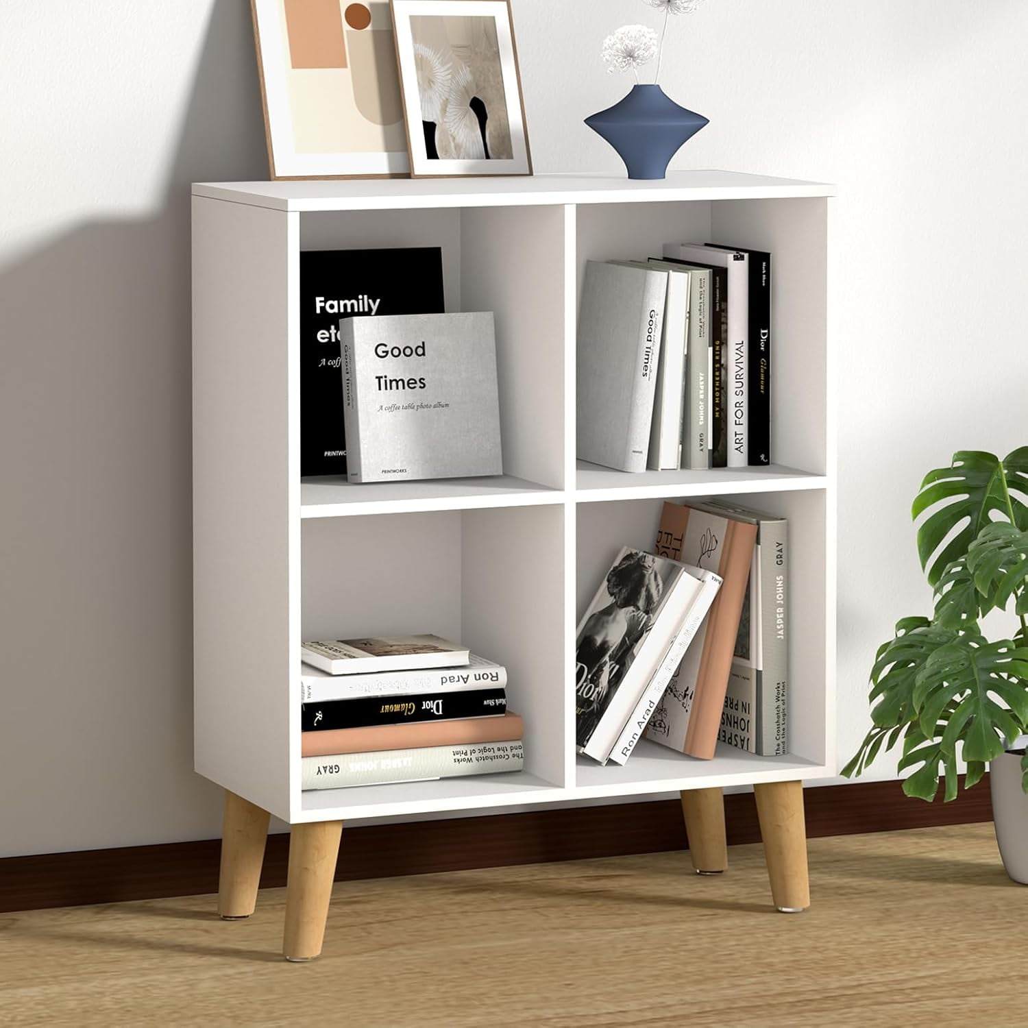 4 Cube Storage Organizer with Legs, 2 Tier Cube Low Bookcase ...