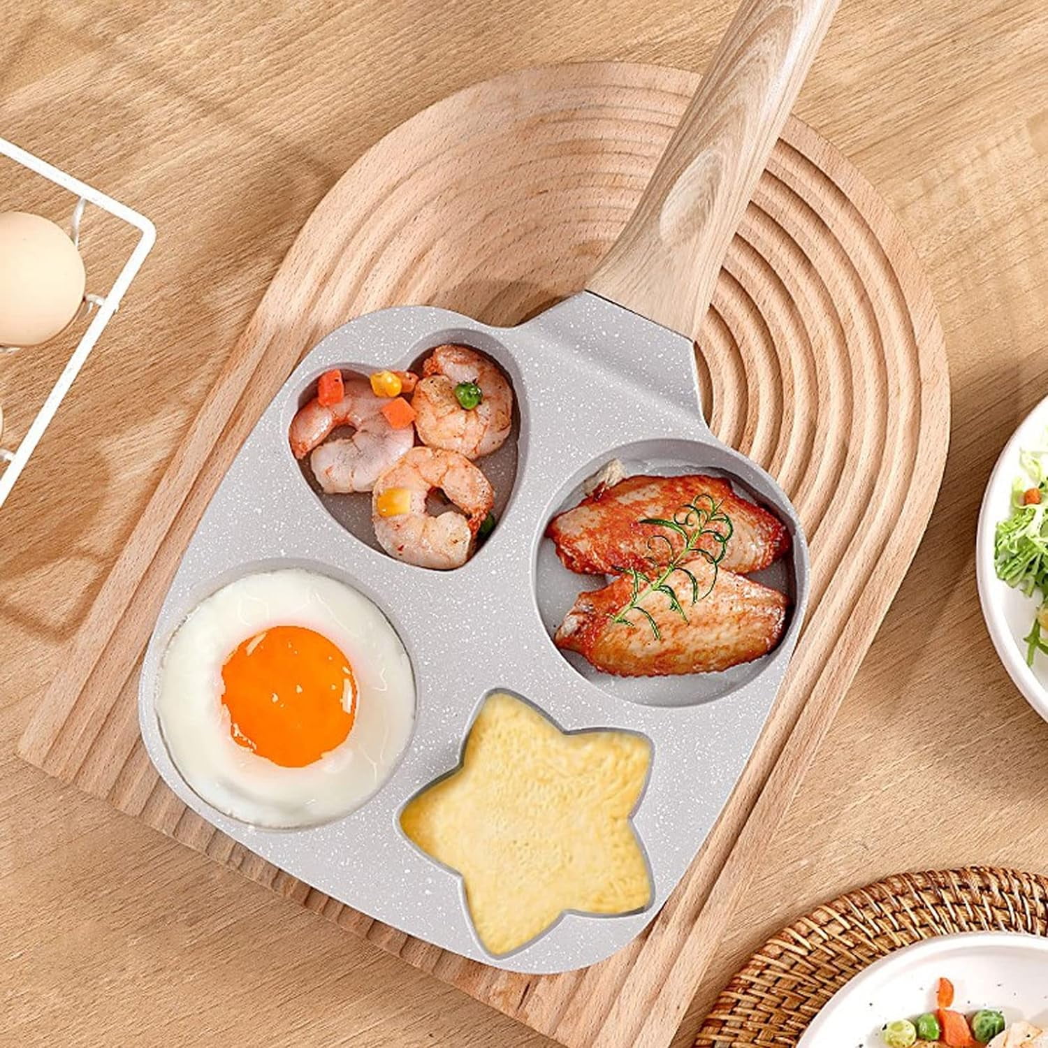 4 Cup Egg Frying Pan, Nonstick Breakfast Cooker with Portable Wood ...