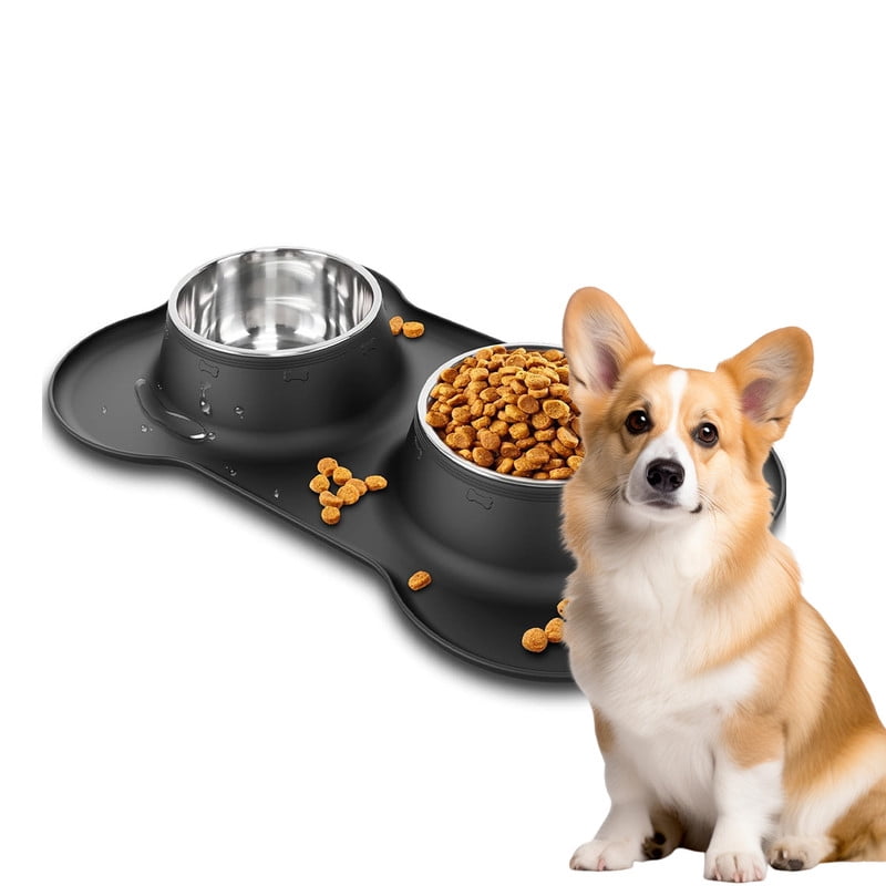 4-Cup Stainless Steel Dog Bowls with Stand - No-Spill, Non-Skid Mat ...