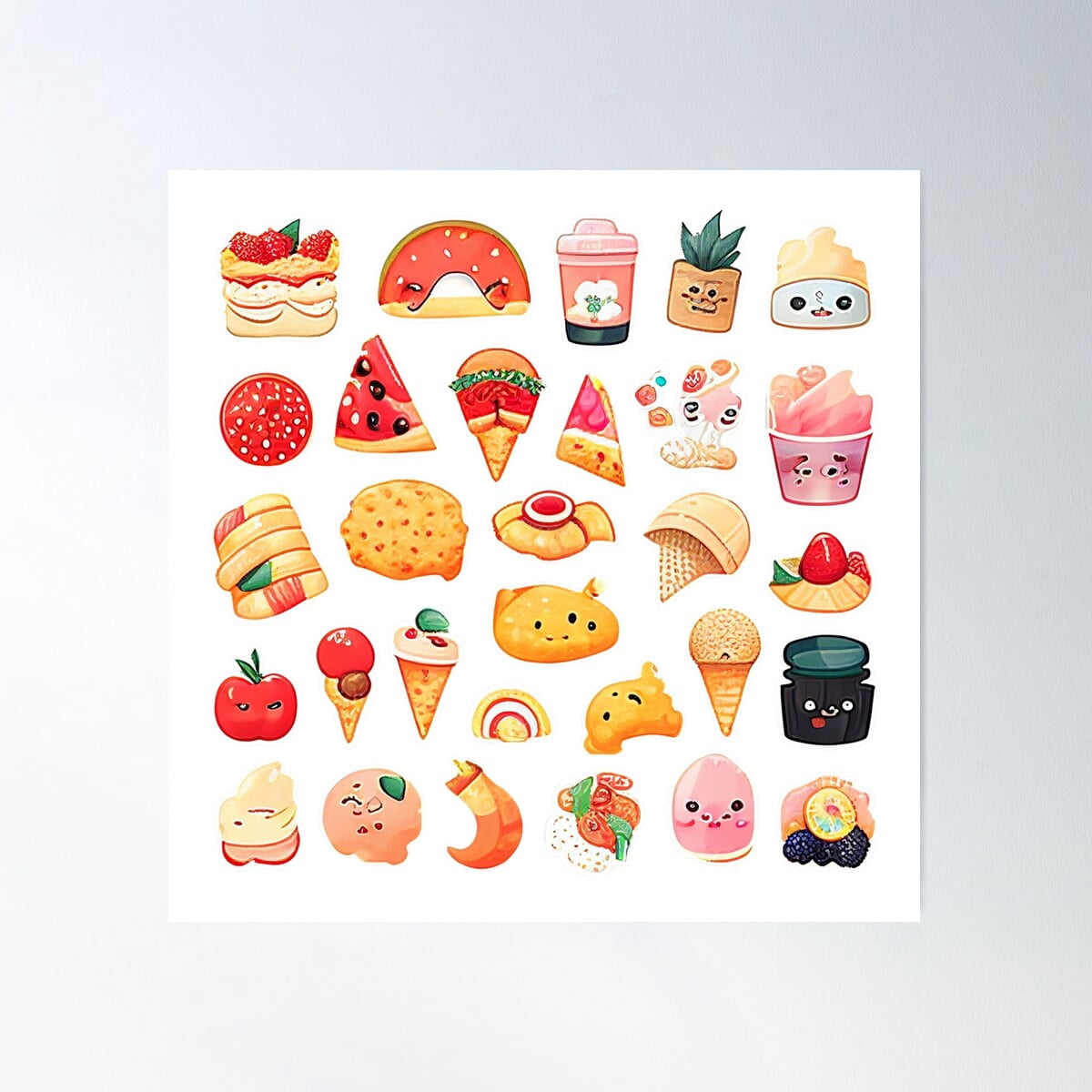 #4 Cute Happy Food Sticker Pack Poster Wall Art, Modern Wall Decor For ...