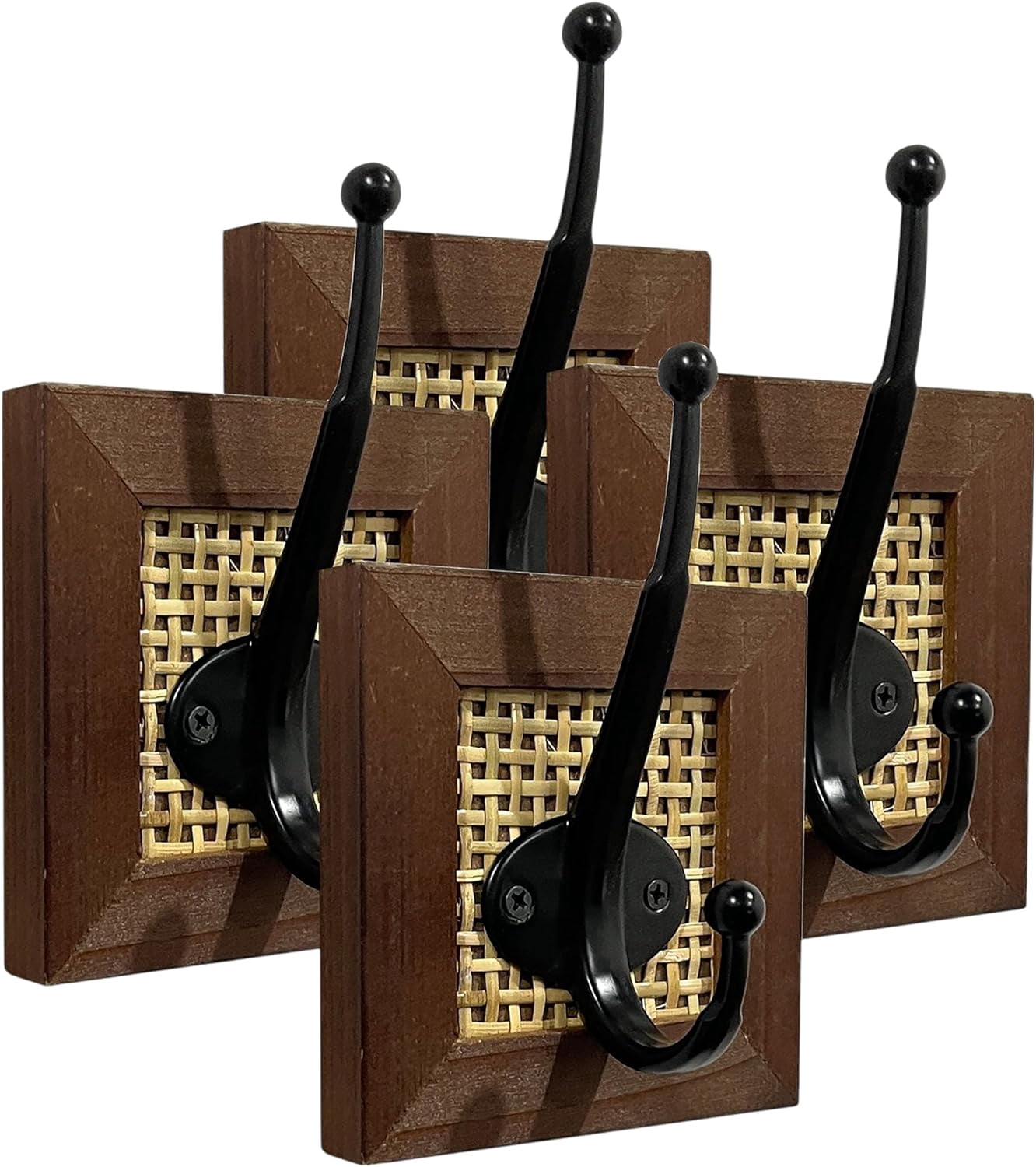 4 Decorative Wood Frame Wall-Mounted Hooks, Dual Metal Hooks for Coats ...