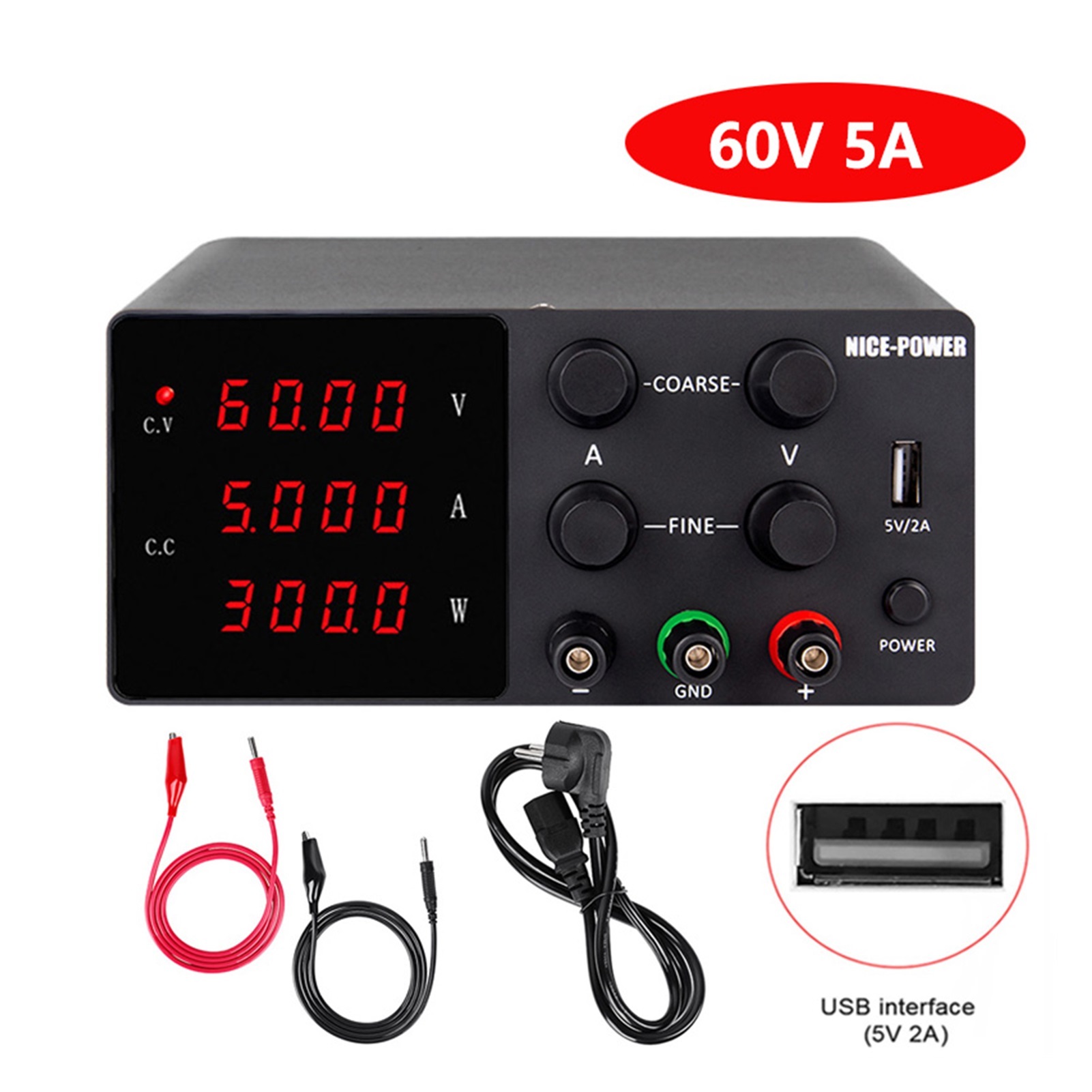 4 Digits Switching DC Lab Power Supply Mini Regulated Adjustable Black USB Power Supplies 60V ...