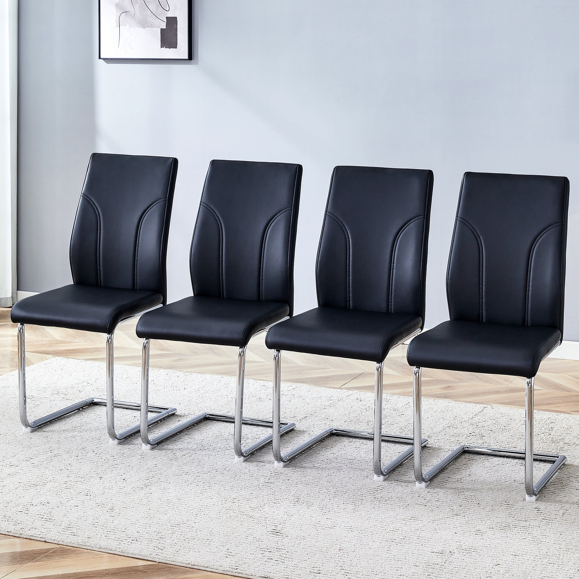 4 Dining Chairs In Black, Pu Upholstered High Back Seats With Leg ...