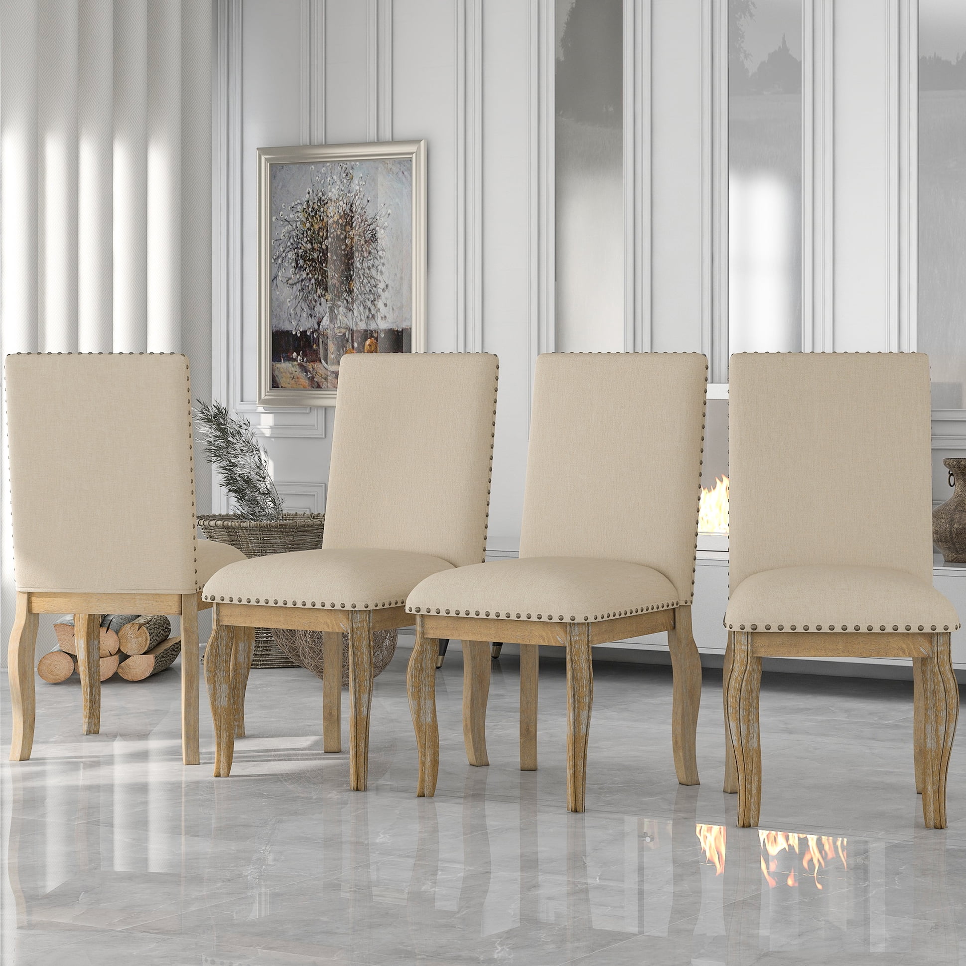 4 Dining Chairs By , Wood Upholstered With Fine Fabric, Curved Legs ...