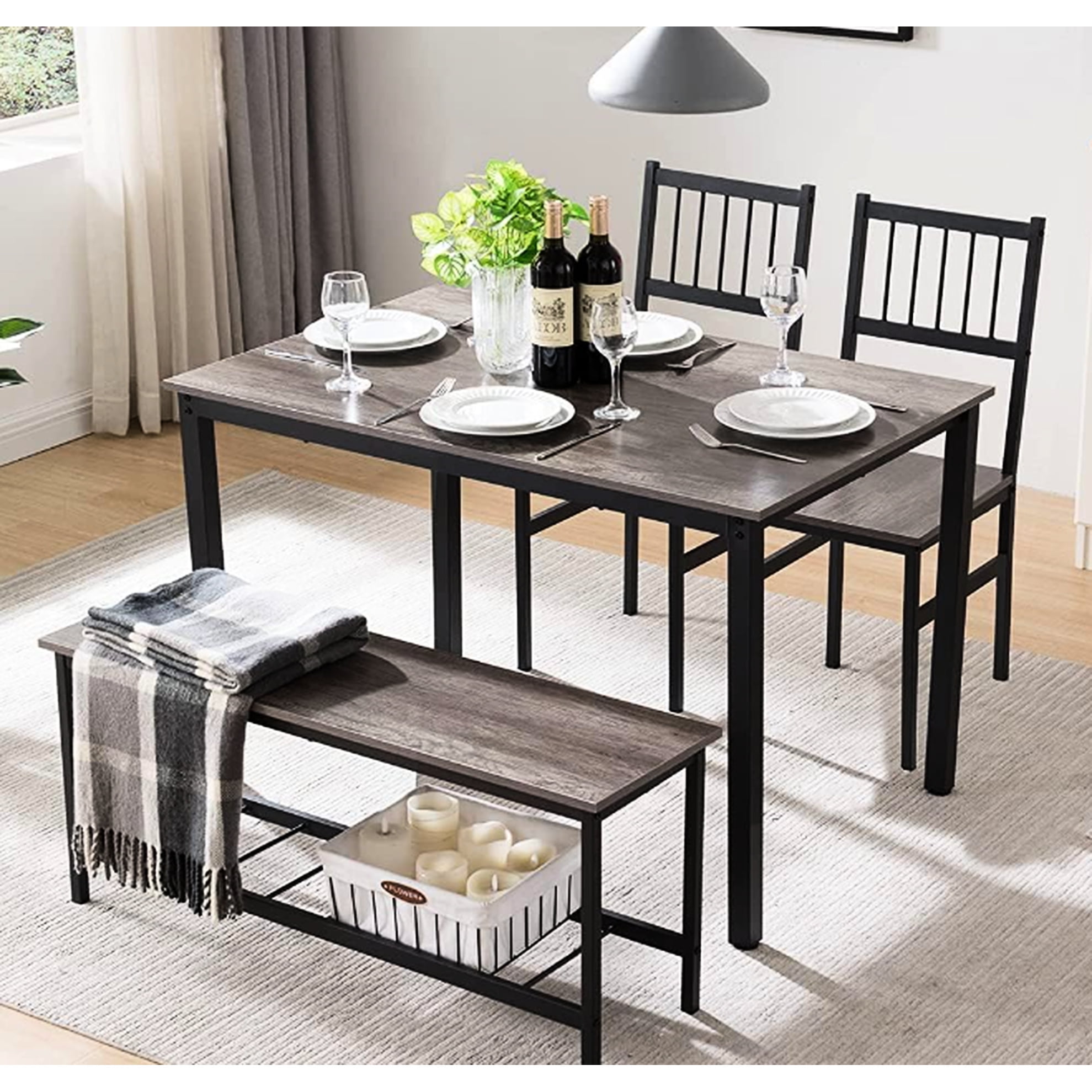 4 Dining Table With 2 Benches, Firm Wood And Metal Table, Space-saving ...