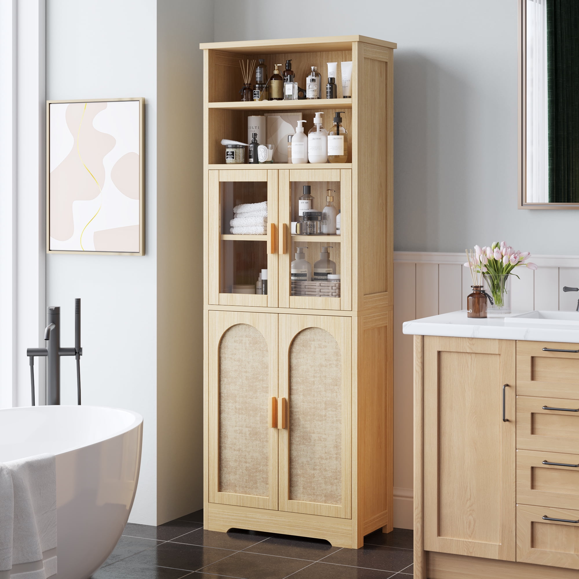 4-Door 6-Shelf Display Cabinet - 60x30x170cm Rattan & Triamine Board ...