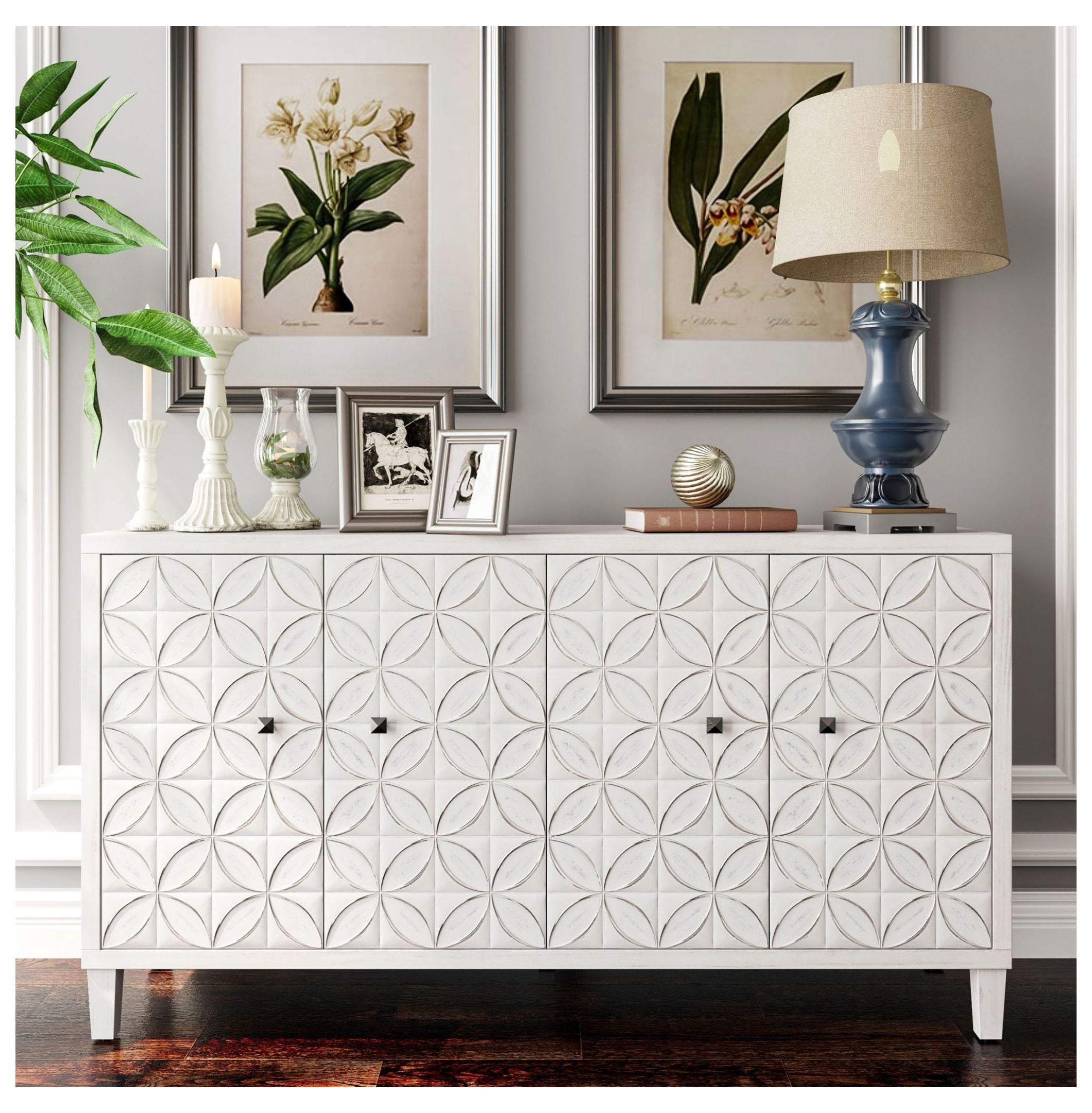 4 Door Accent Cabinet - Wooden Sideboard Buffet - White Wash Storage ...