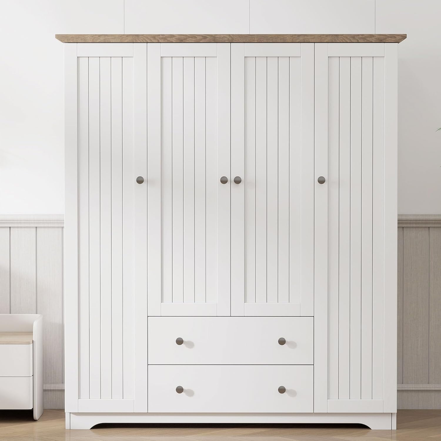 4 Door Armoire Wardrobe Closet with 2 Drawers, Wood Freestanding Closet ...
