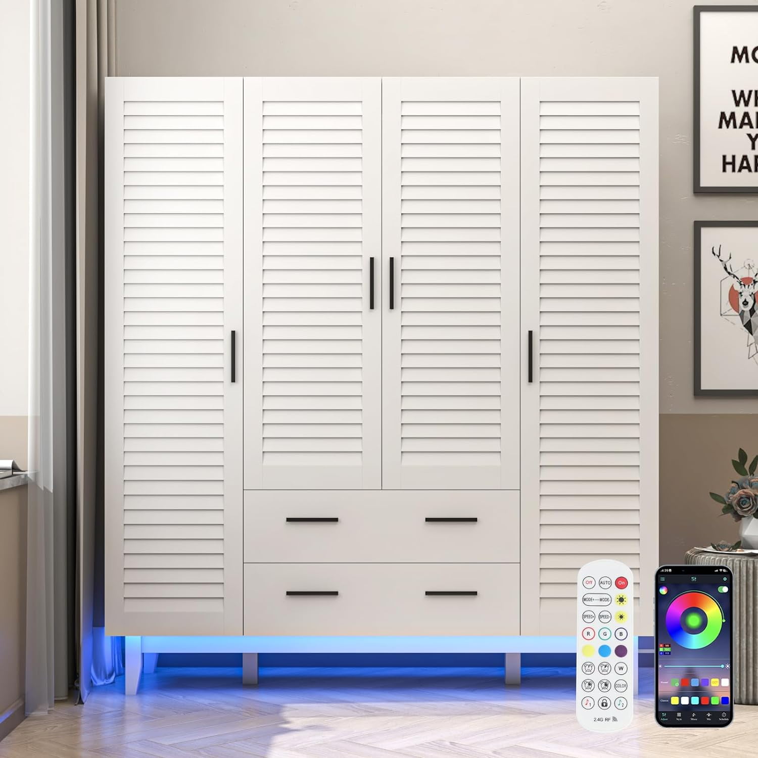 4 Door Armoire Wardrobe Closet Cabinet with Drawers and LED Lights ...