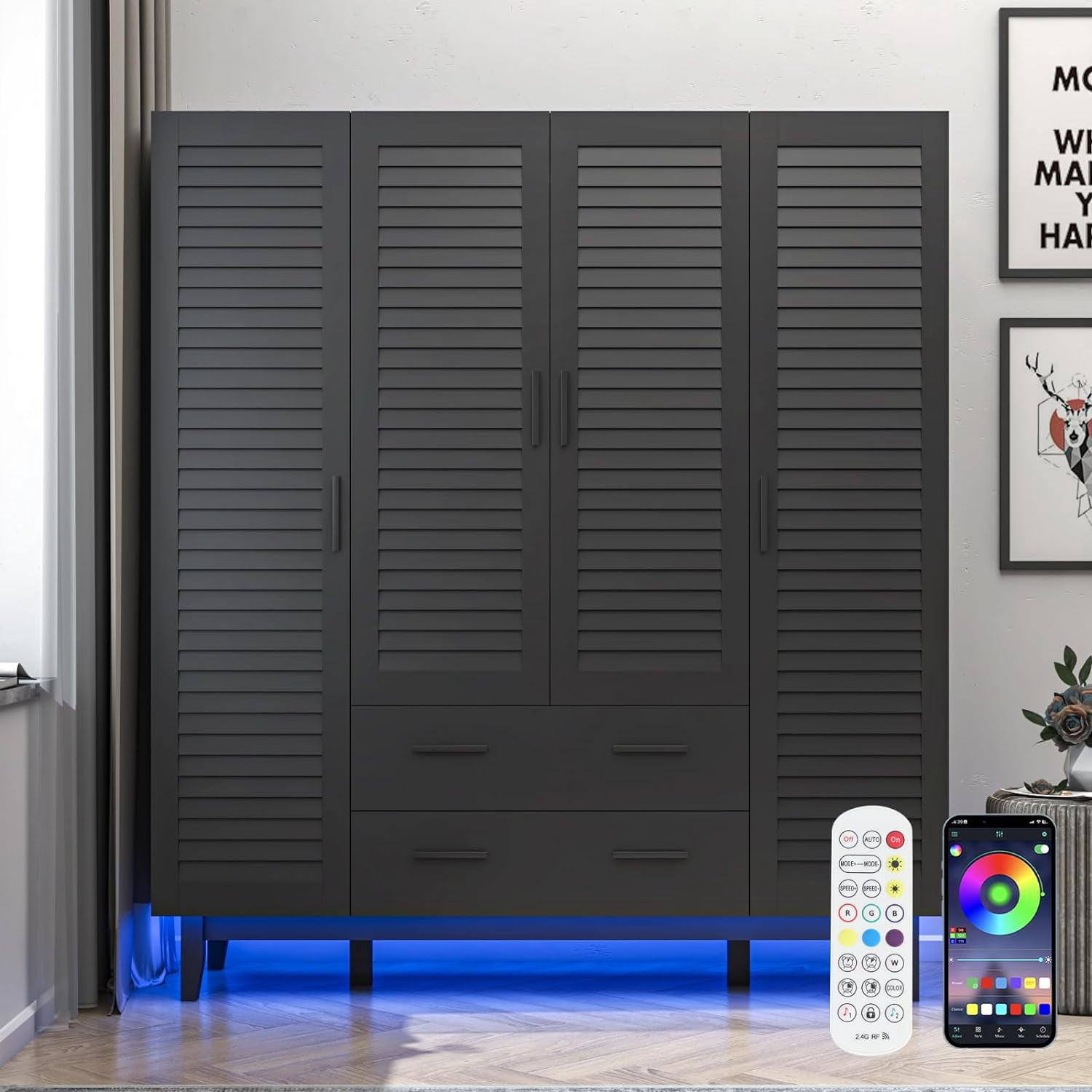 4 Door Armoire Wardrobe Closet Cabinet with Drawers and LED Lights ...