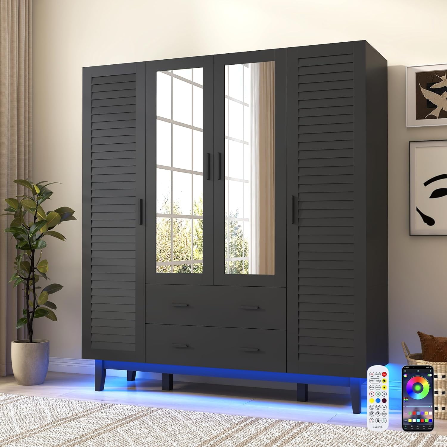 4-Door Black Armoire w/Drawers, LED Lights & Louver Doors - Multi-Tier ...