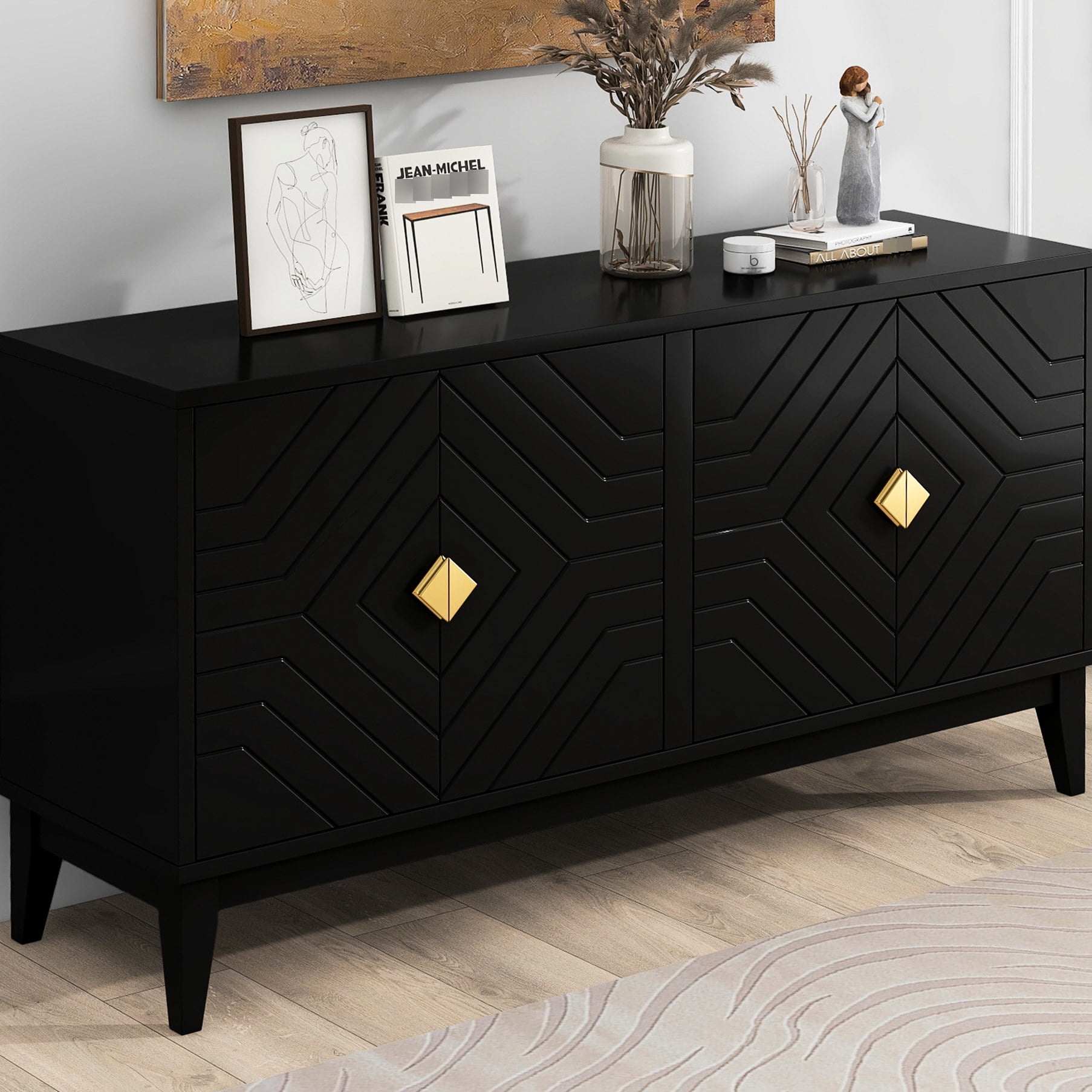 4-Door Black Sideboard for Dining and Living Rooms | Stable with ...
