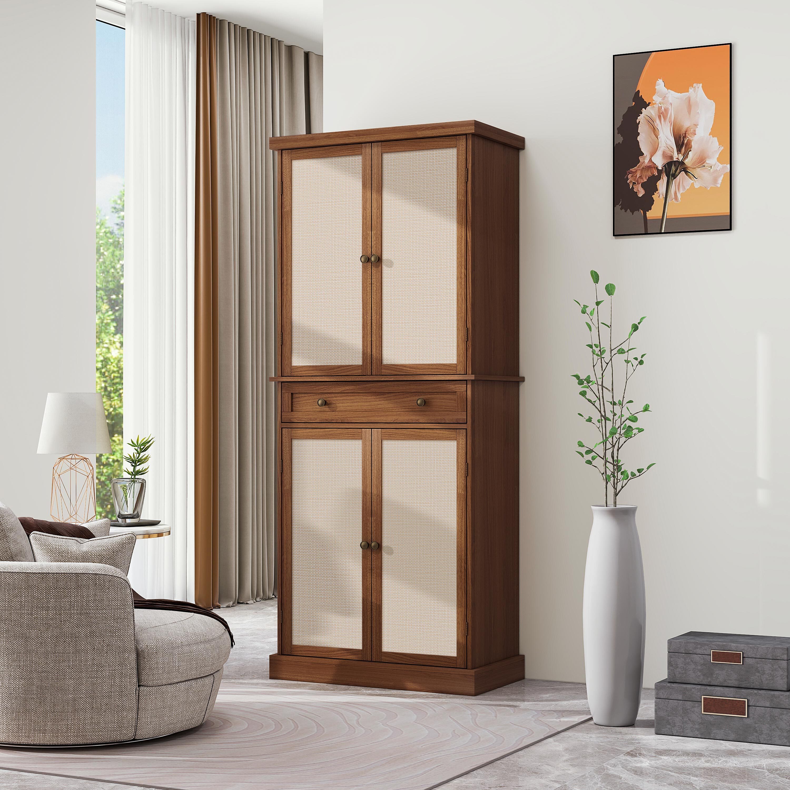 4 Door Cabinet With 1 Drawer, With 4 Adjustable Inner Shelves, Storage Cabinet Walnut Particle ...