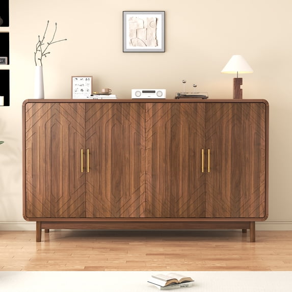 4-Door Carved Sideboard Buffet Cabinet - Adjustable Layer Board Storage ...