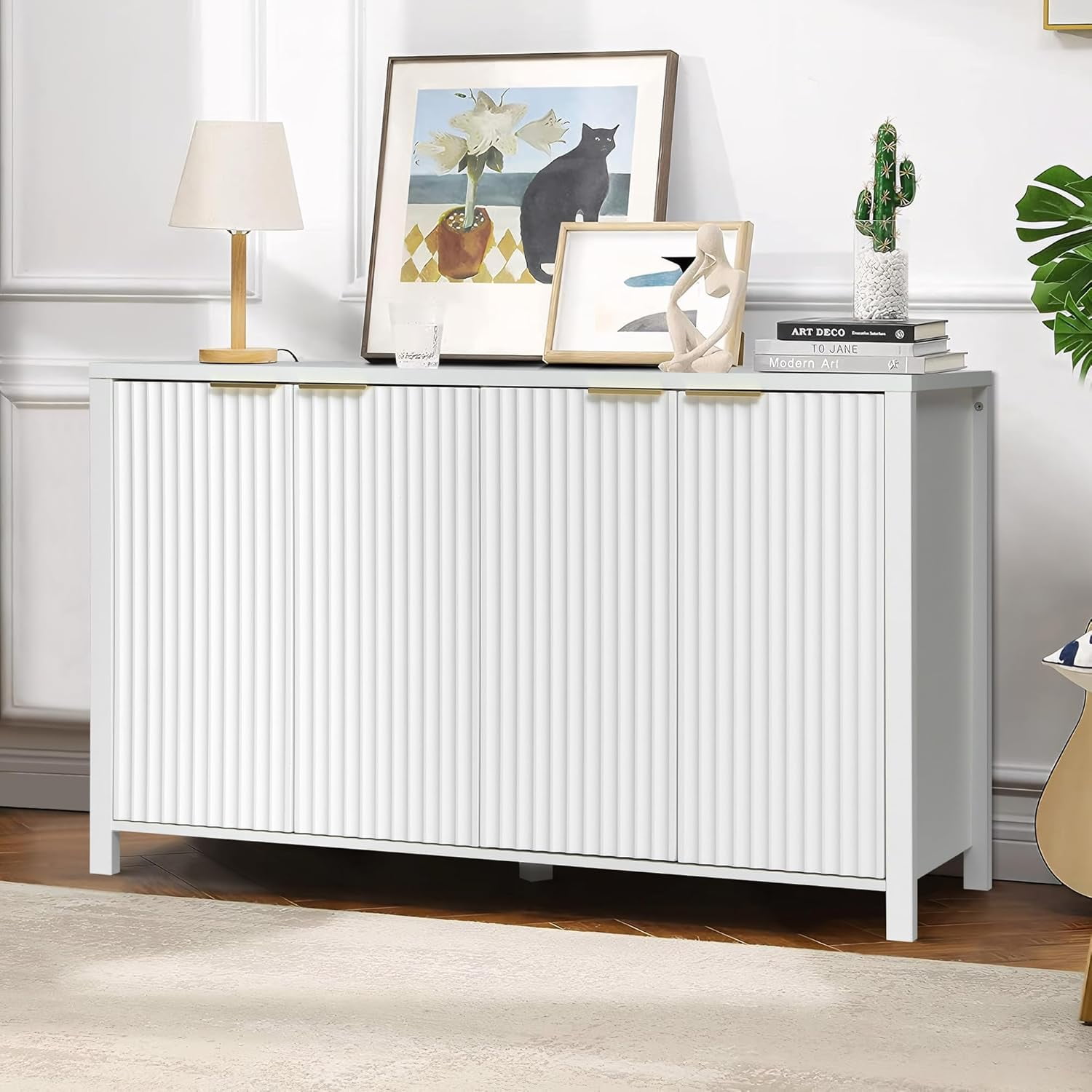 4-Door Fluted Buffet Storage Cabinet, Modern Wave Fluted Sideboard ...