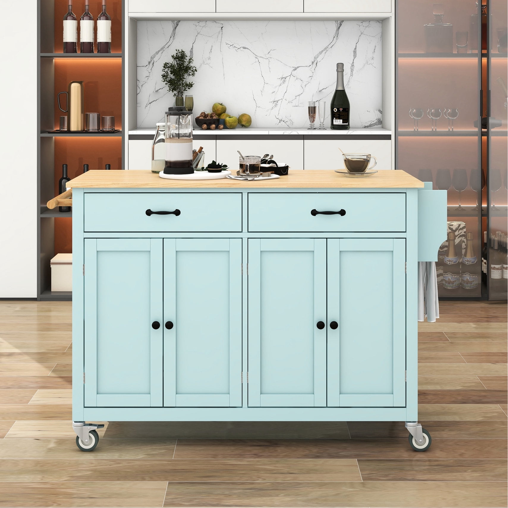 4 Door Kitchen Cart with Solid Wood Workspace / Drawers, Towel Rack ...