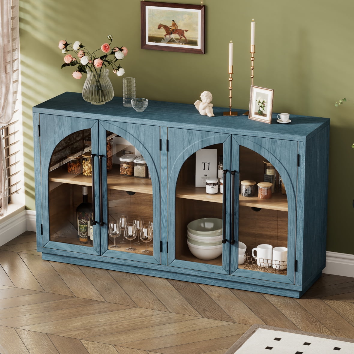 4-Door Large Storage Sideboard, 60'' Buffet Cabinet with Glass Doors, Arched Cabinet with ...