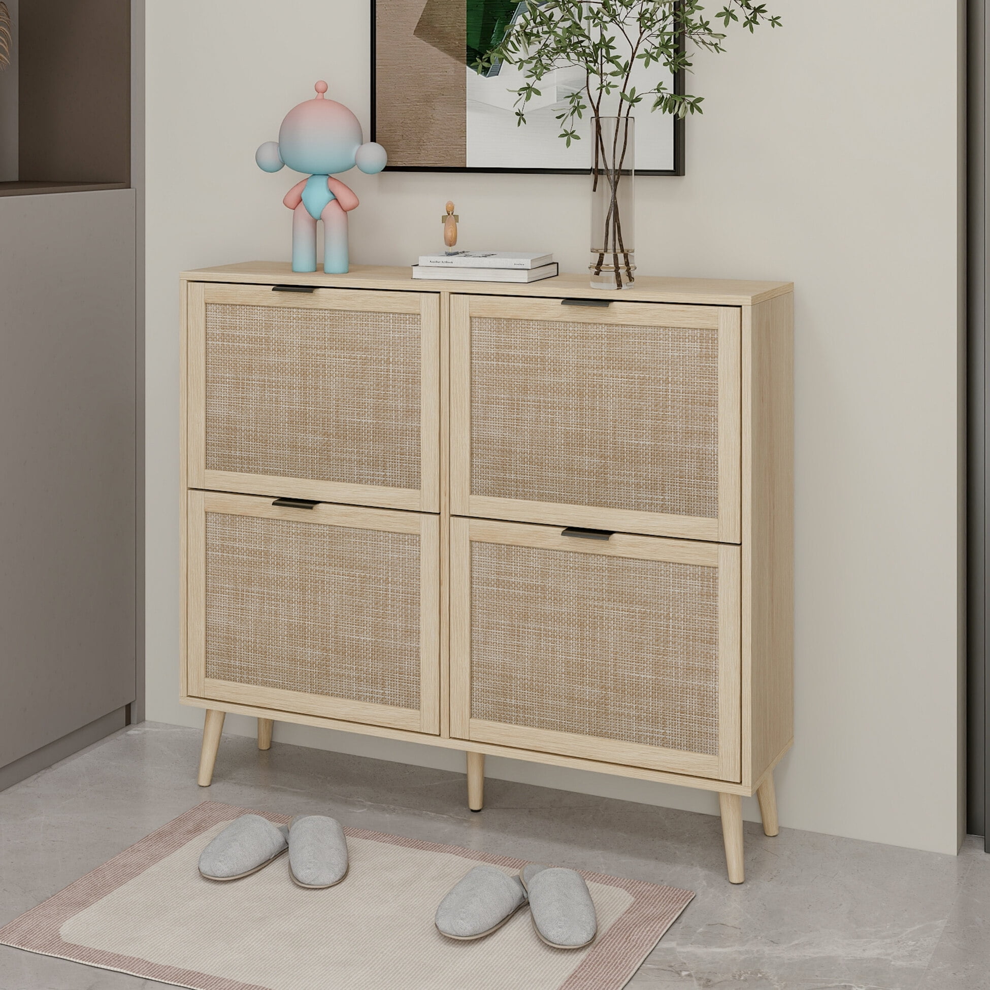 4 Door Shoe Rack, Freestanding Modern Shoe Storage Cabinet with Rattan ...
