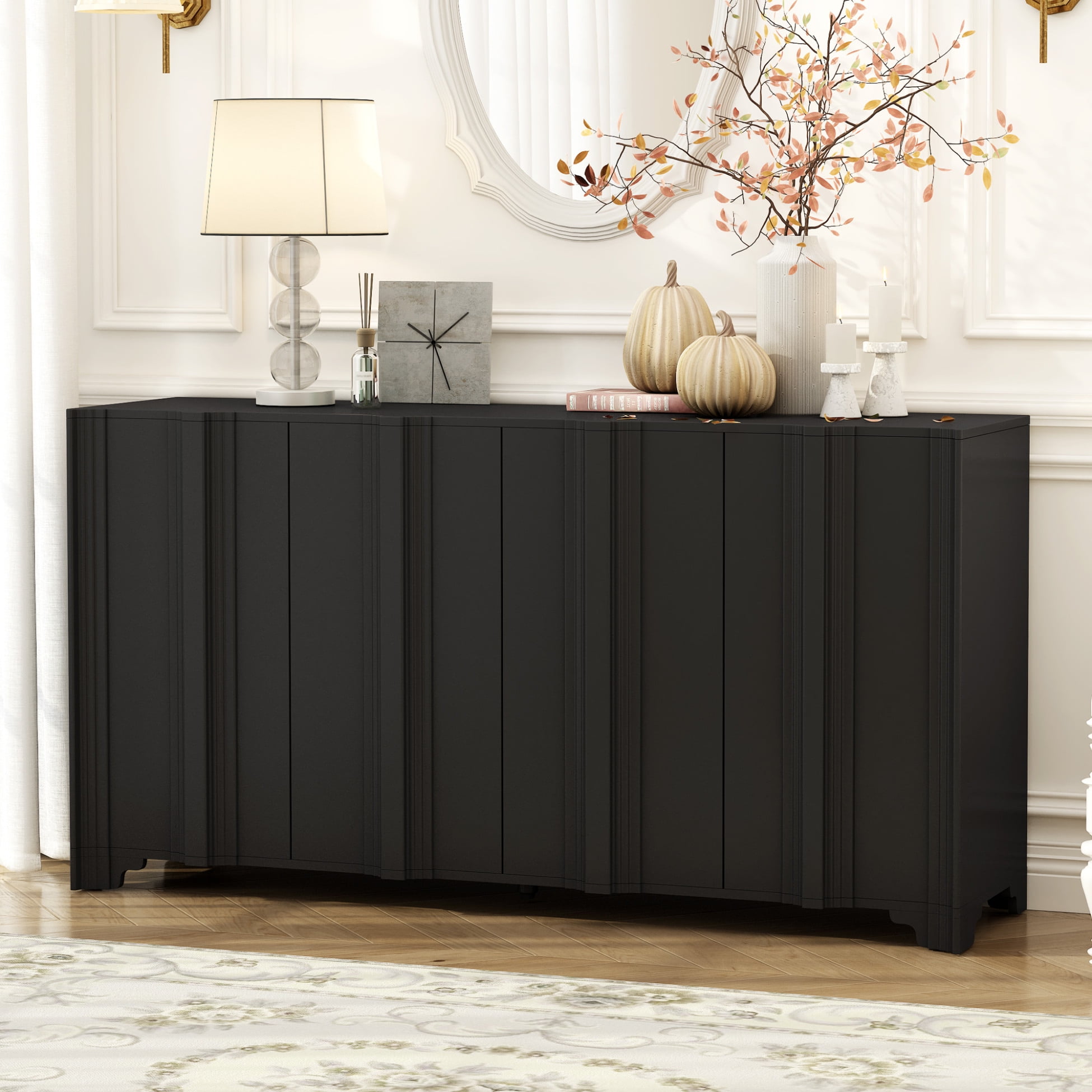 4 Door Sideboard Buffet Cabinet, Kitchen Lockers with Linear Decorative ...