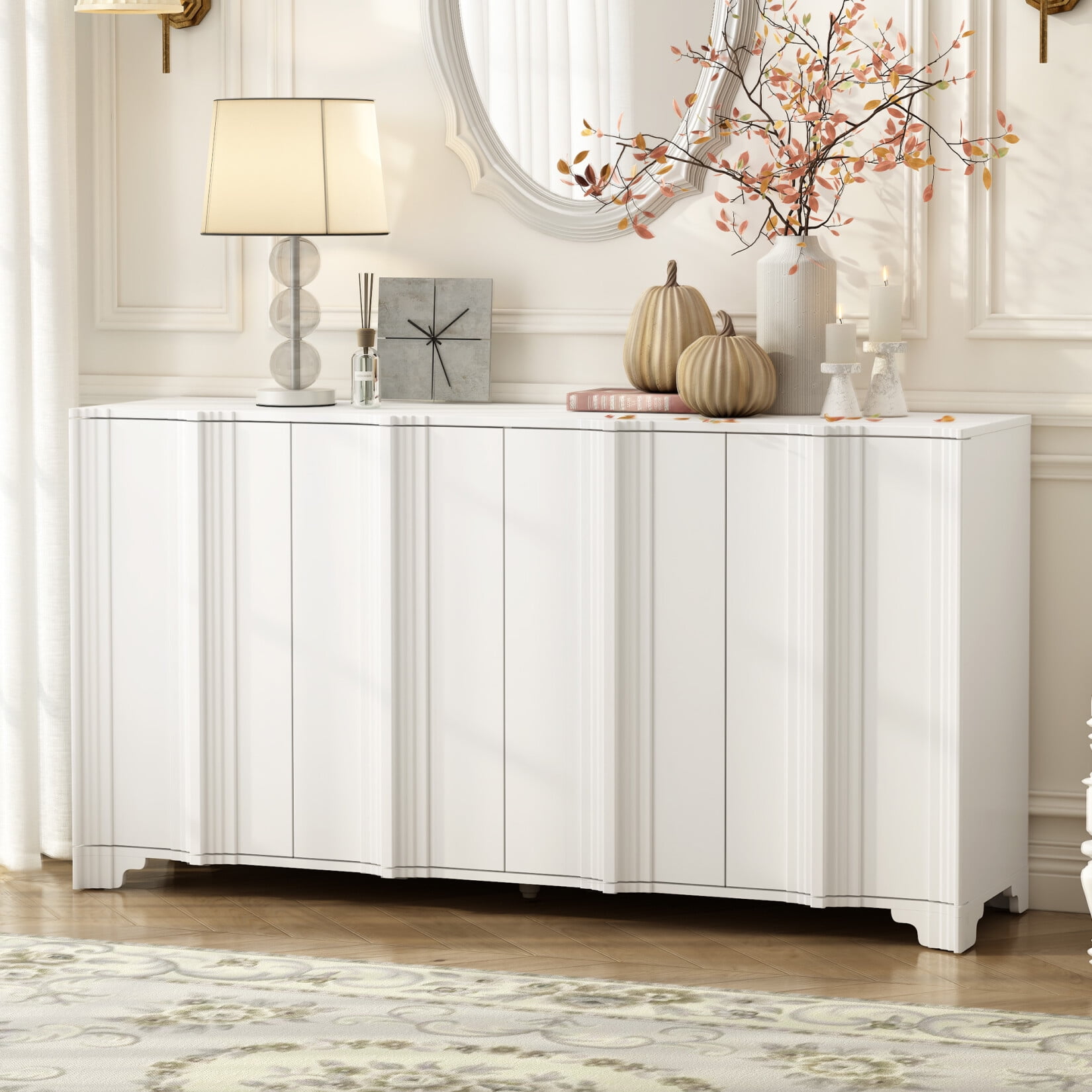 4 Door Sideboard Buffet Cabinet, Kitchen Lockers with Linear Decorative ...