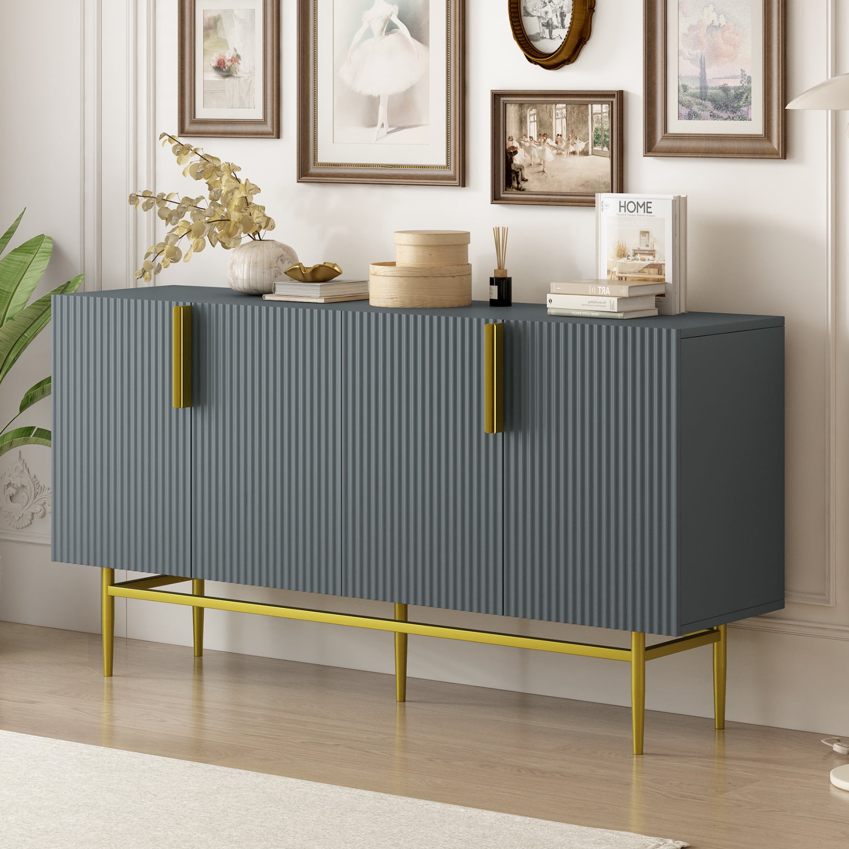 Elegant 4-Door Sideboard, Gold Handle, Adjustable Shelves, Open ...