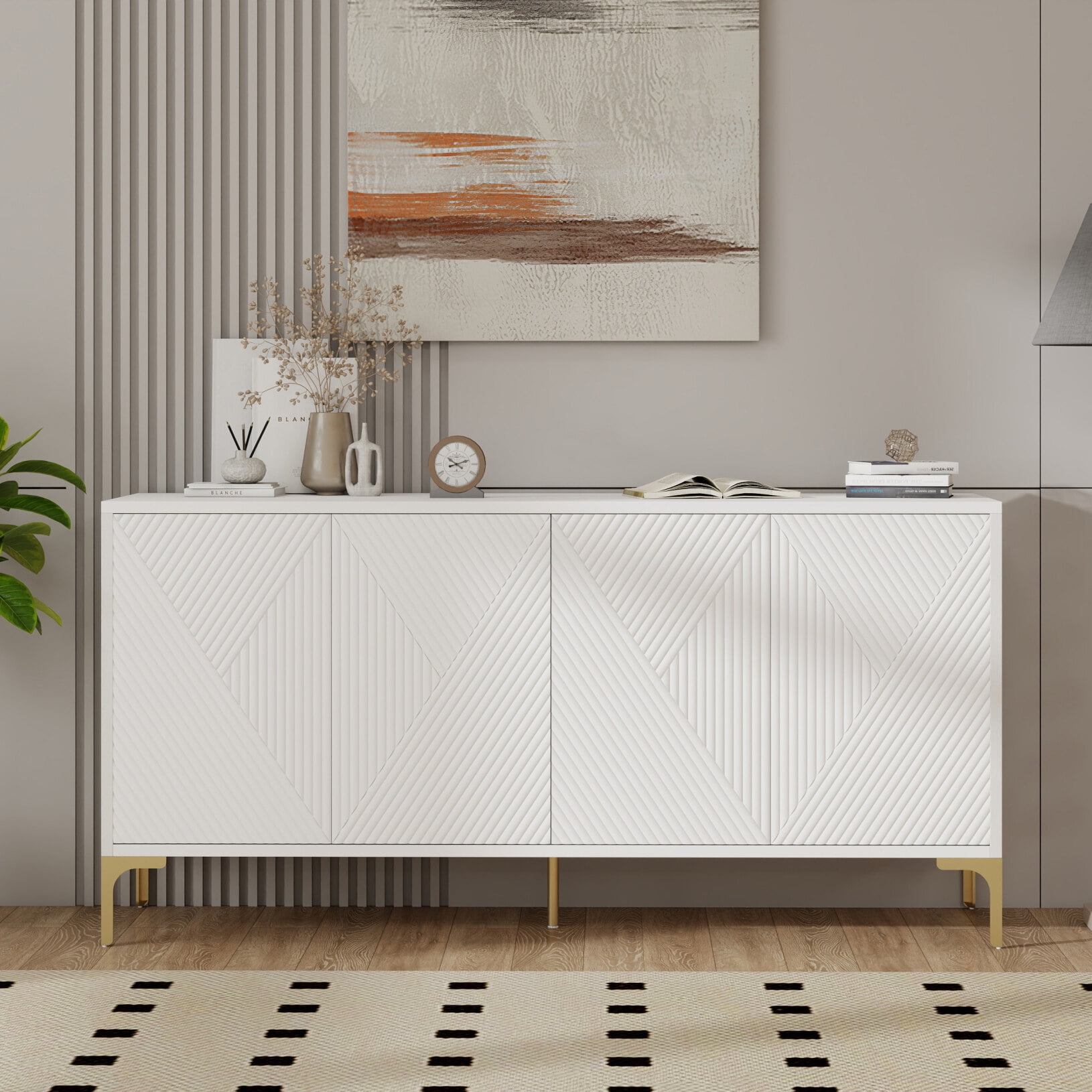 4-Door Sideboard with Large Storage Space & Sturdy Metal Legs, Modern ...