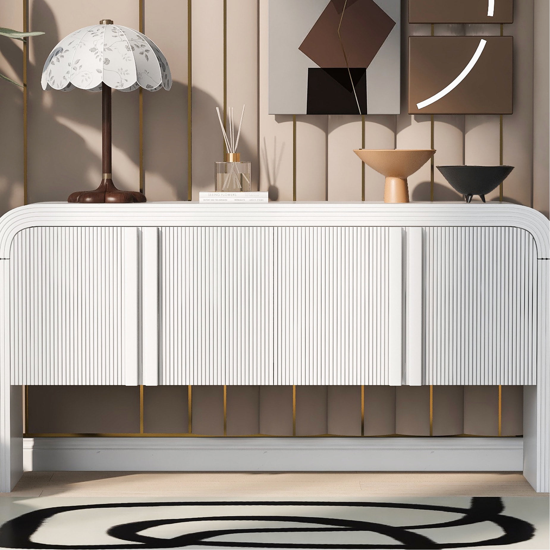 4-Door Striped Home Storage Cabinet | Modern Style for Residential ...
