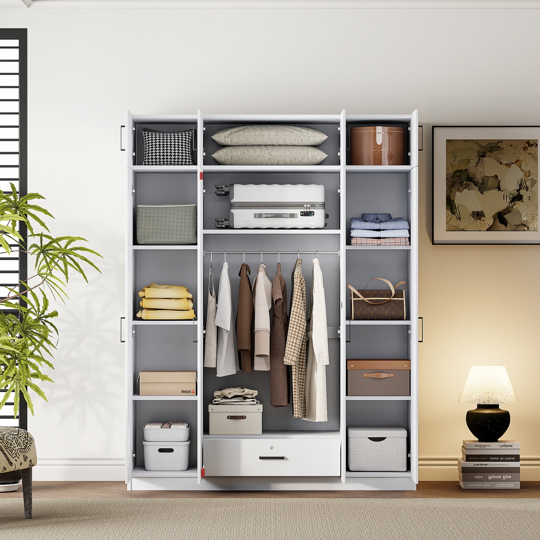 4-Door Wardrobe Closet with 1 Drawer, Bedroom Armoires with Top Cabinet ...