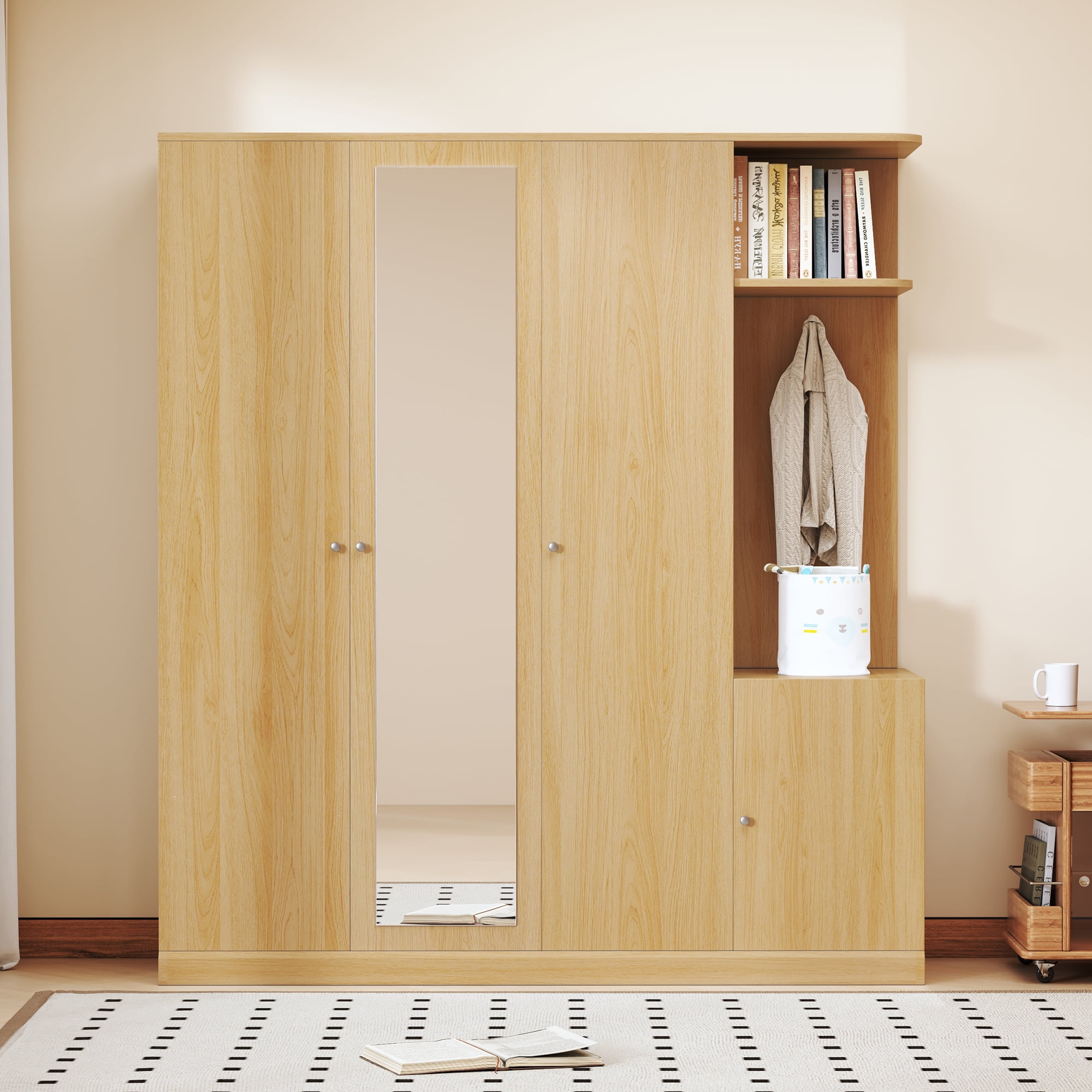 4-Door Wardrobe with Shelves, Drawers, and Full-Length Mirror, Natural ...