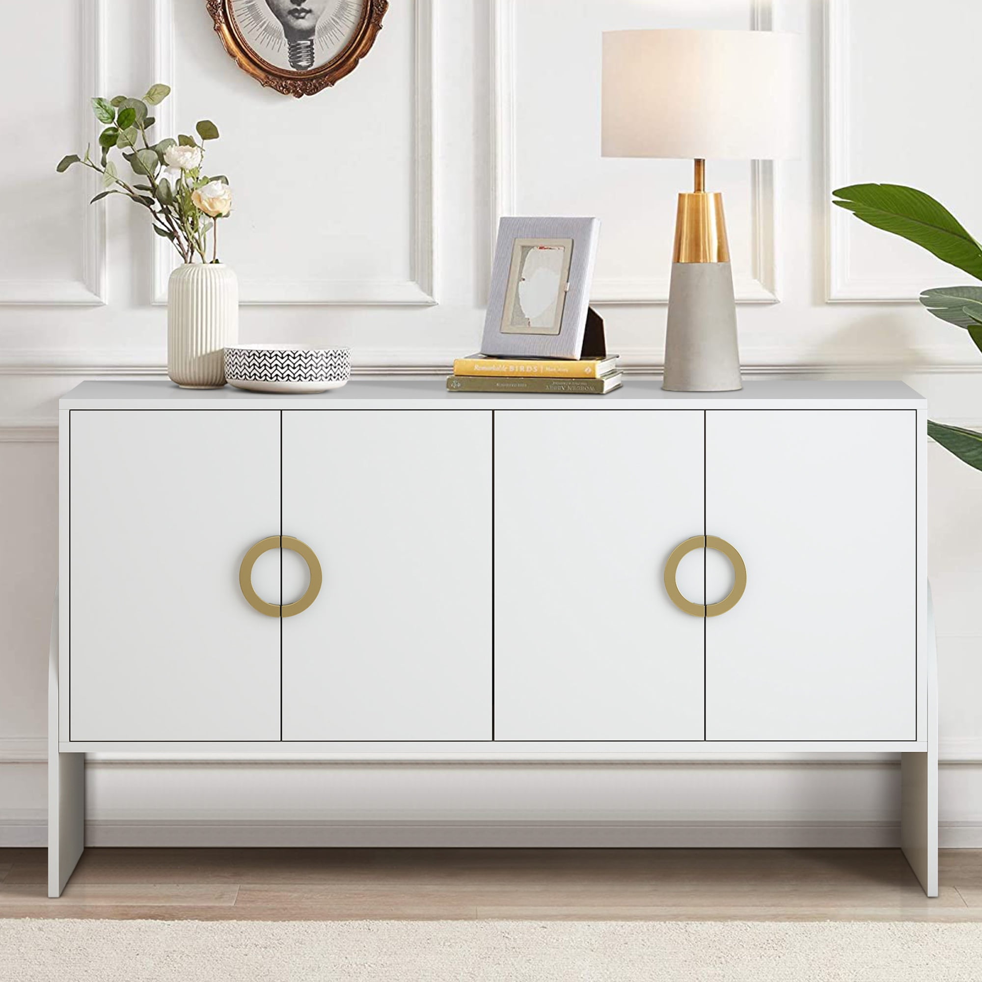 4 Doors Accent Cabinet, TUANLUO Buffet Cabinet with Unique Curved Legs ...