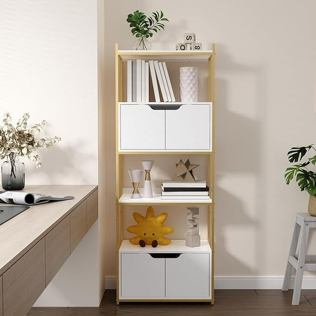 4 Doors Gold Bookshelf, 63" Tall Bookcase with Cabinet Storage, 6 Tier ...