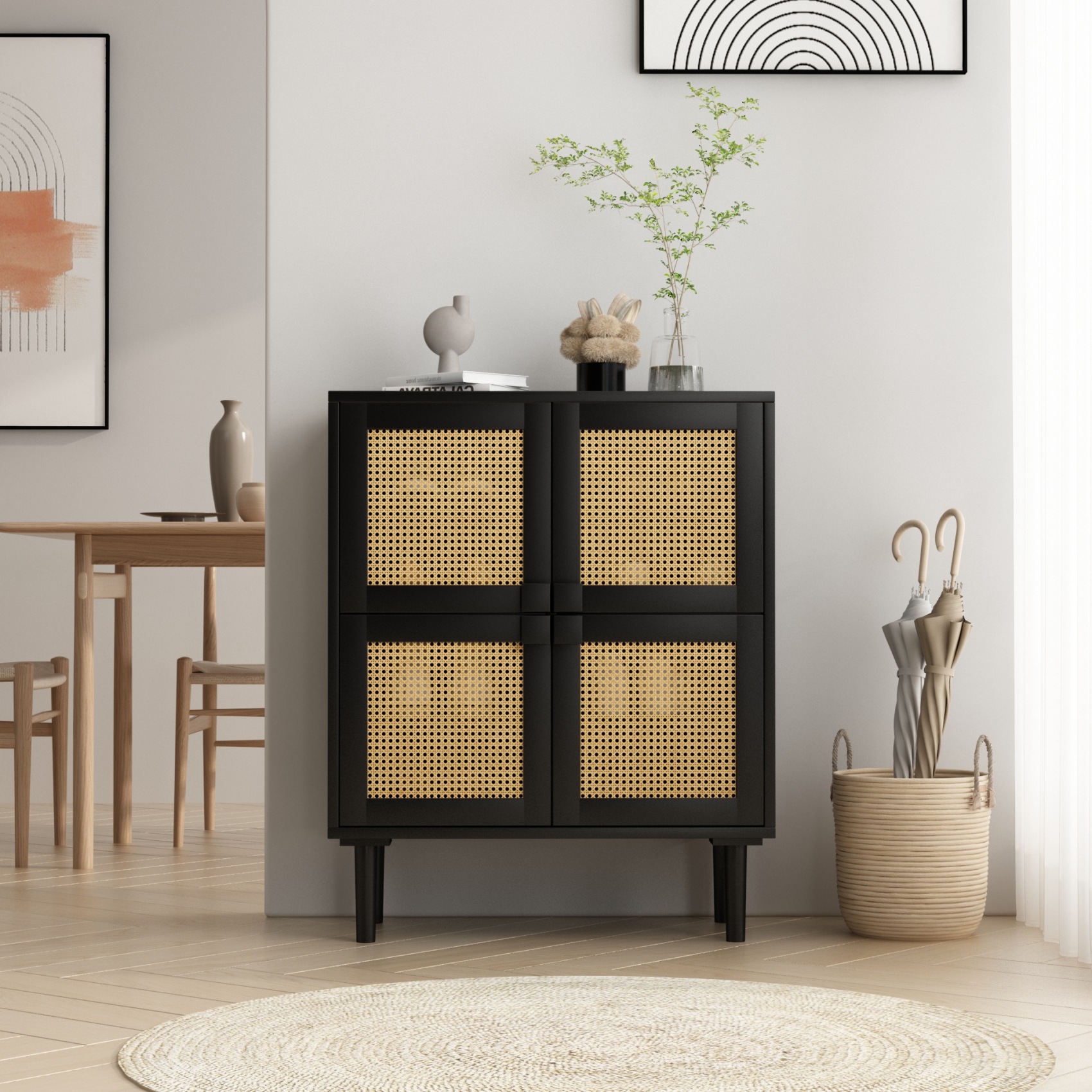 4-Doors Rattan Mesh Storage Cabinet, Shoe Cabinet with Eight Storage ...
