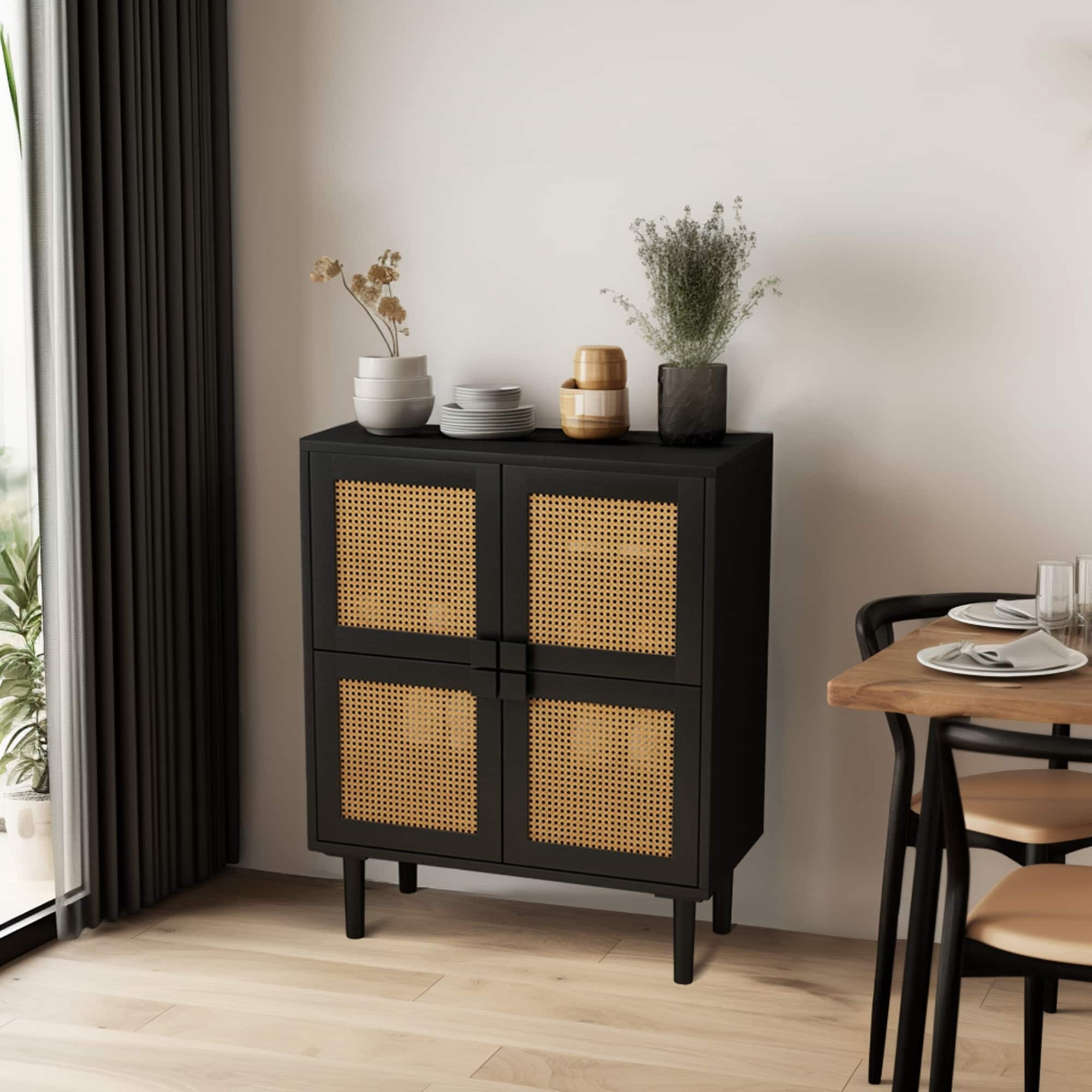 4-Doors Rattan Mesh Storage Cabinet Sideboard with Eight Storage Spaces ...