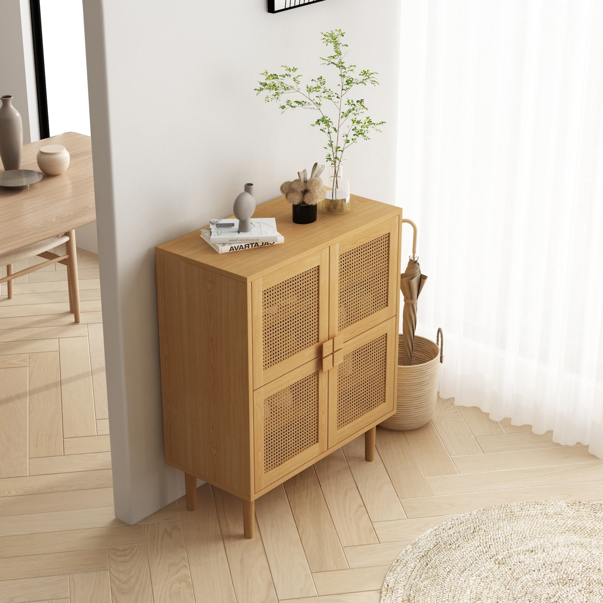4-Doors Rattan Mesh Storage Cabinet Sideboard with Eight Storage Spaces ...